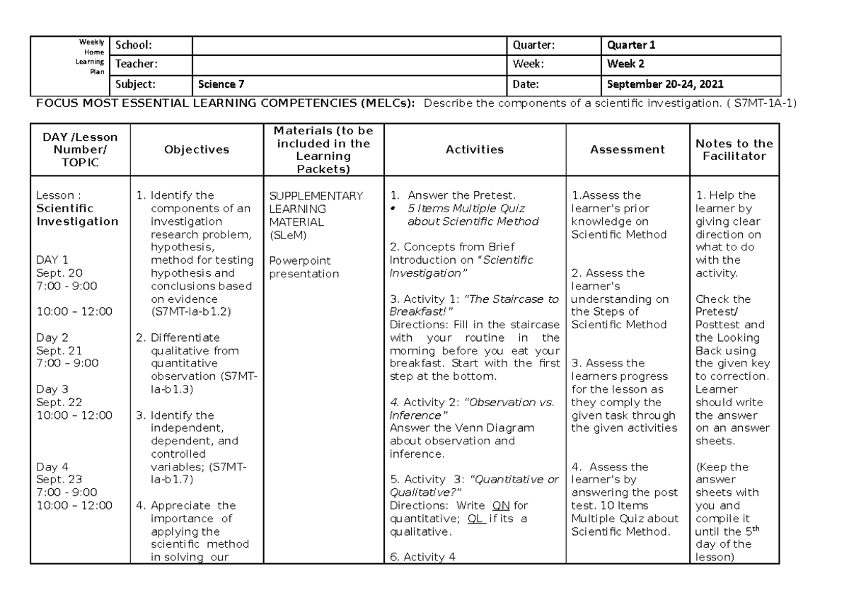Science 7 Learning Plan Scientific Investigation - Weekly Home Learning ...
