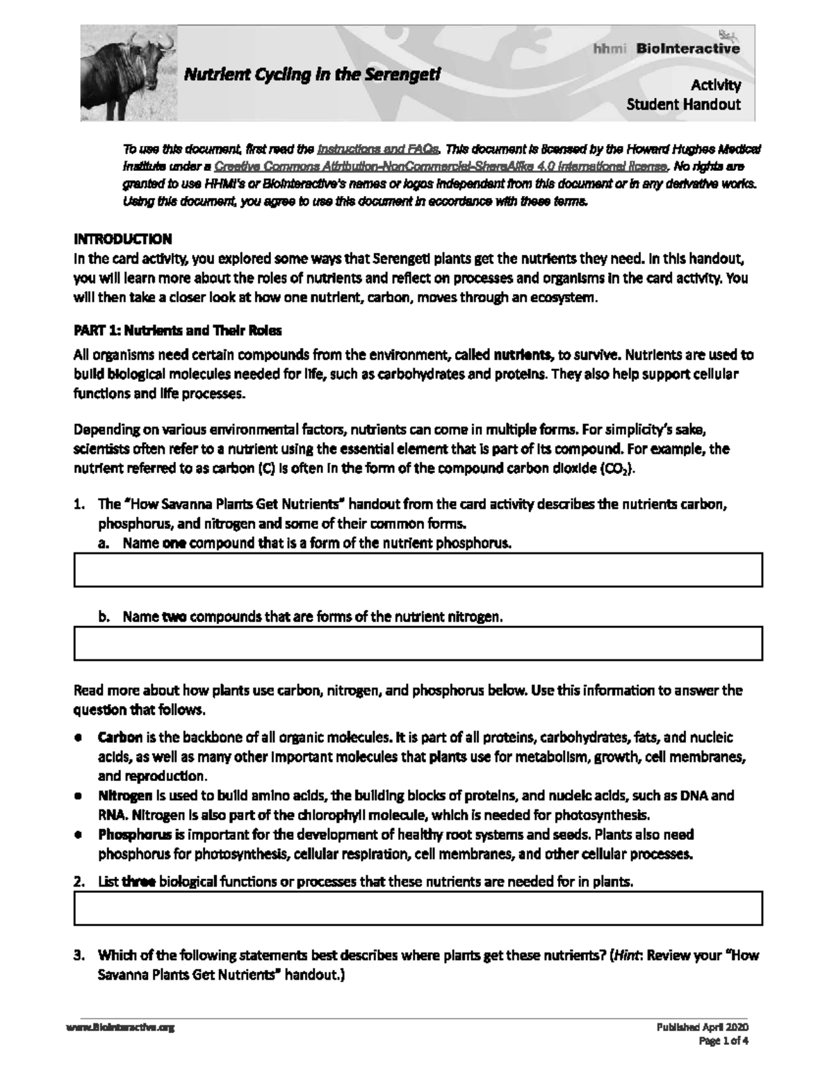 Nutrient Cycling in the Serengeti: HHMI Biolnteractive Student Handout ...