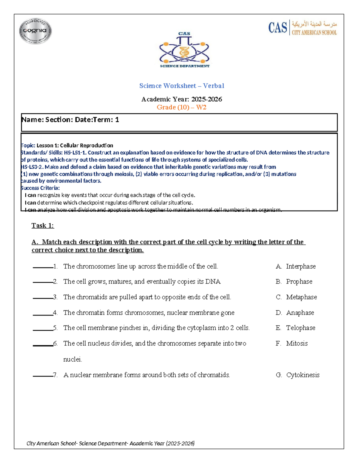 G10 Science W2 Worksheet: Cellular Reproduction & DNA Functions - Studocu