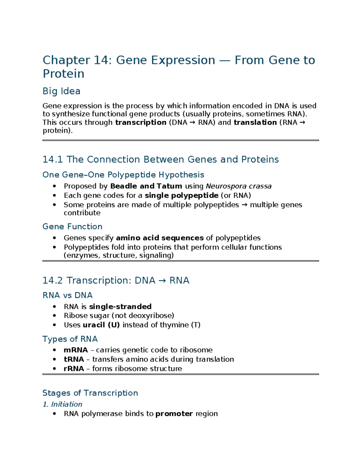 AP Biology Chapter 14-15: Gene Expression & Regulation Notes - Studocu