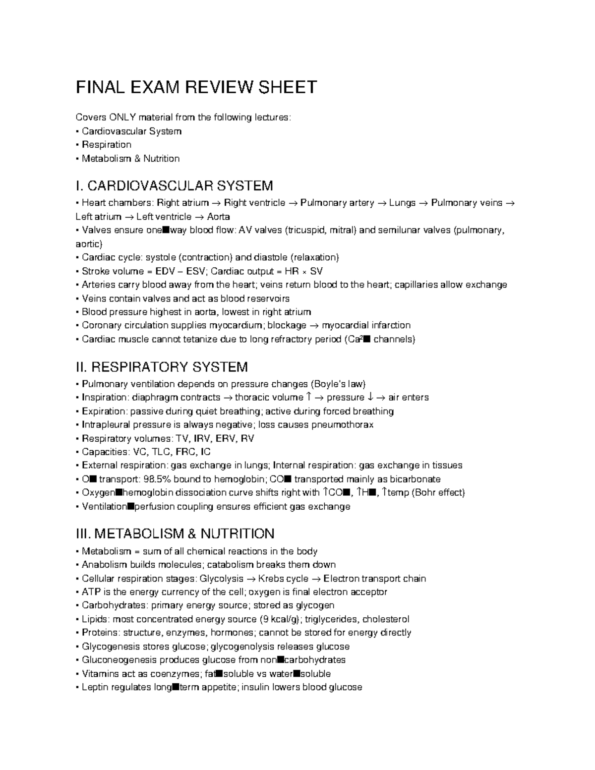 FINAL EXAM REVIEW: Cardiovascular, Respiration & Metabolism - Studocu