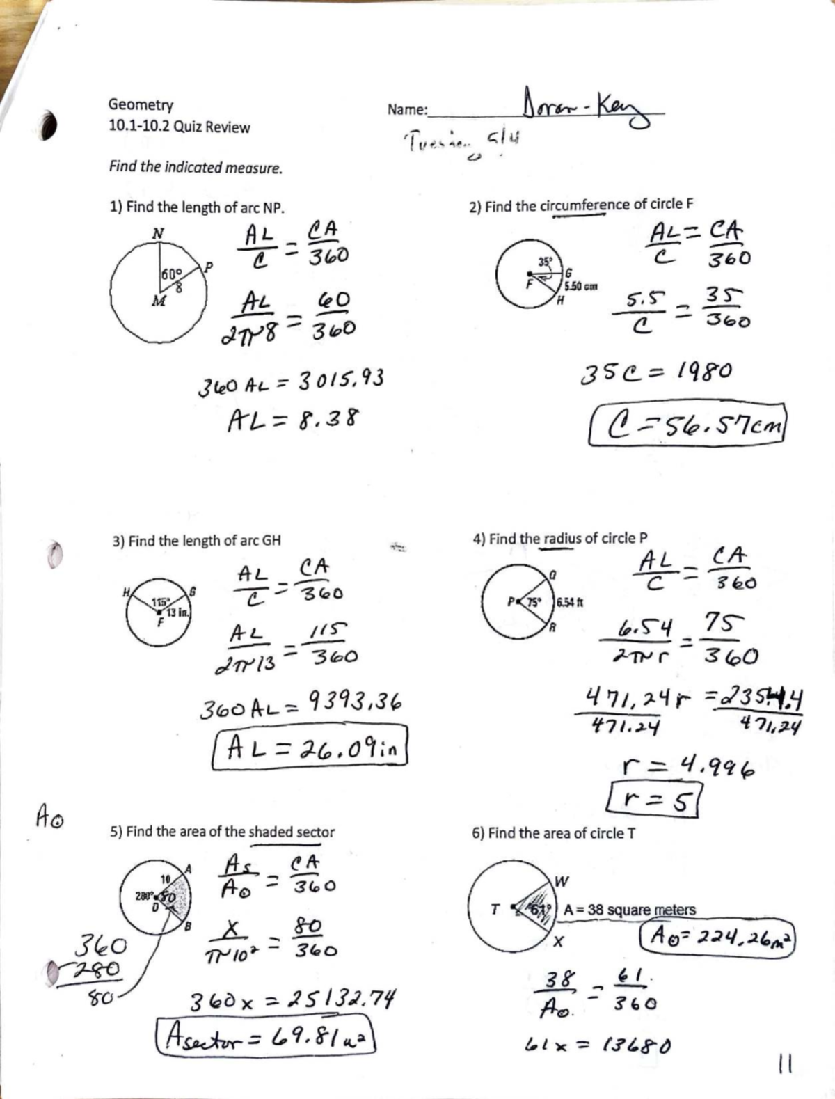 Geometry Quiz Review: Arcs, Circles, & Sector Areas (MATH 101) - Studocu