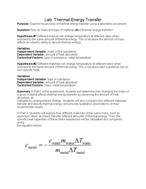 Lab Report: Determining Specific Heat of Metals (Chem 101) - Studocu