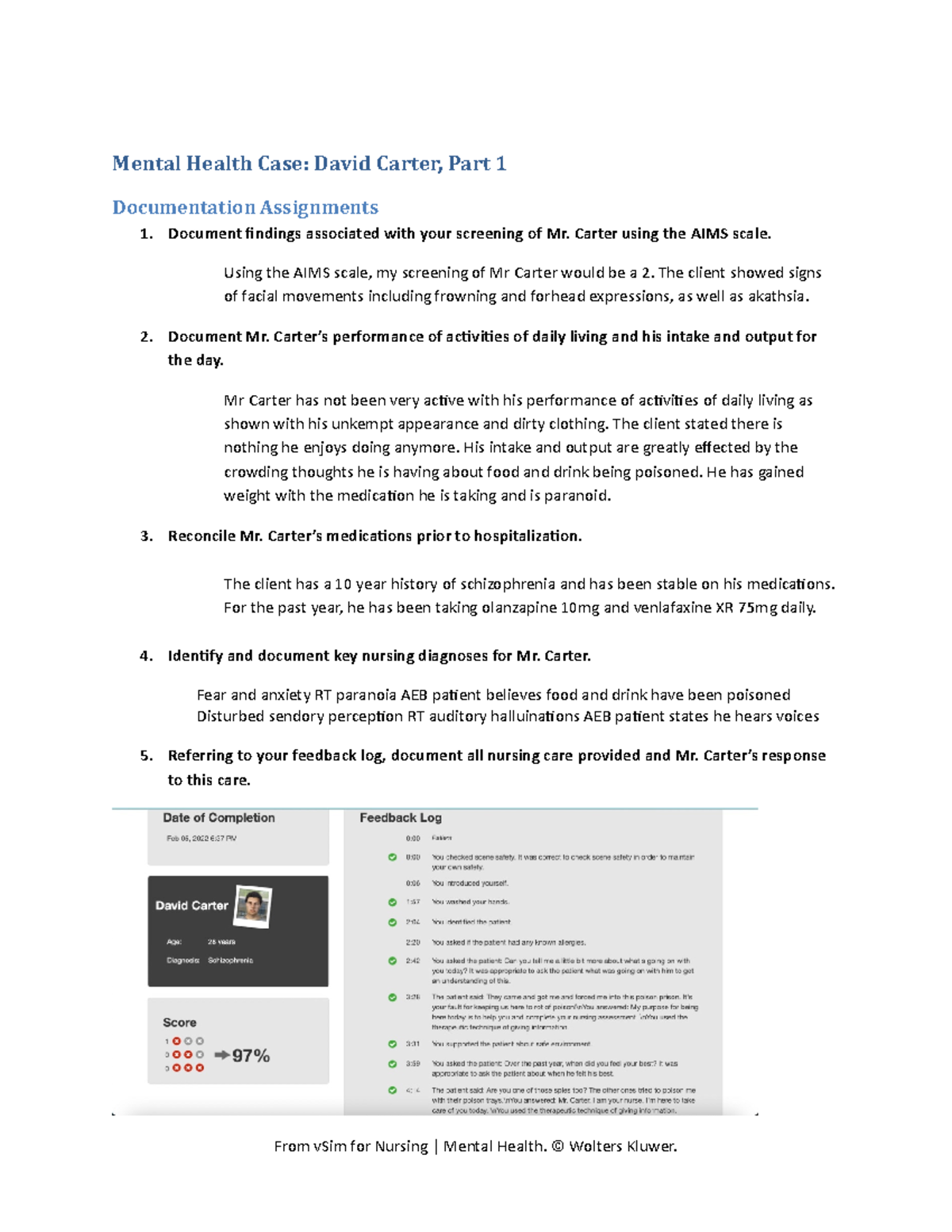 David Carter Pt. 1: Mental Health Assessment and Care Documentation - Studocu