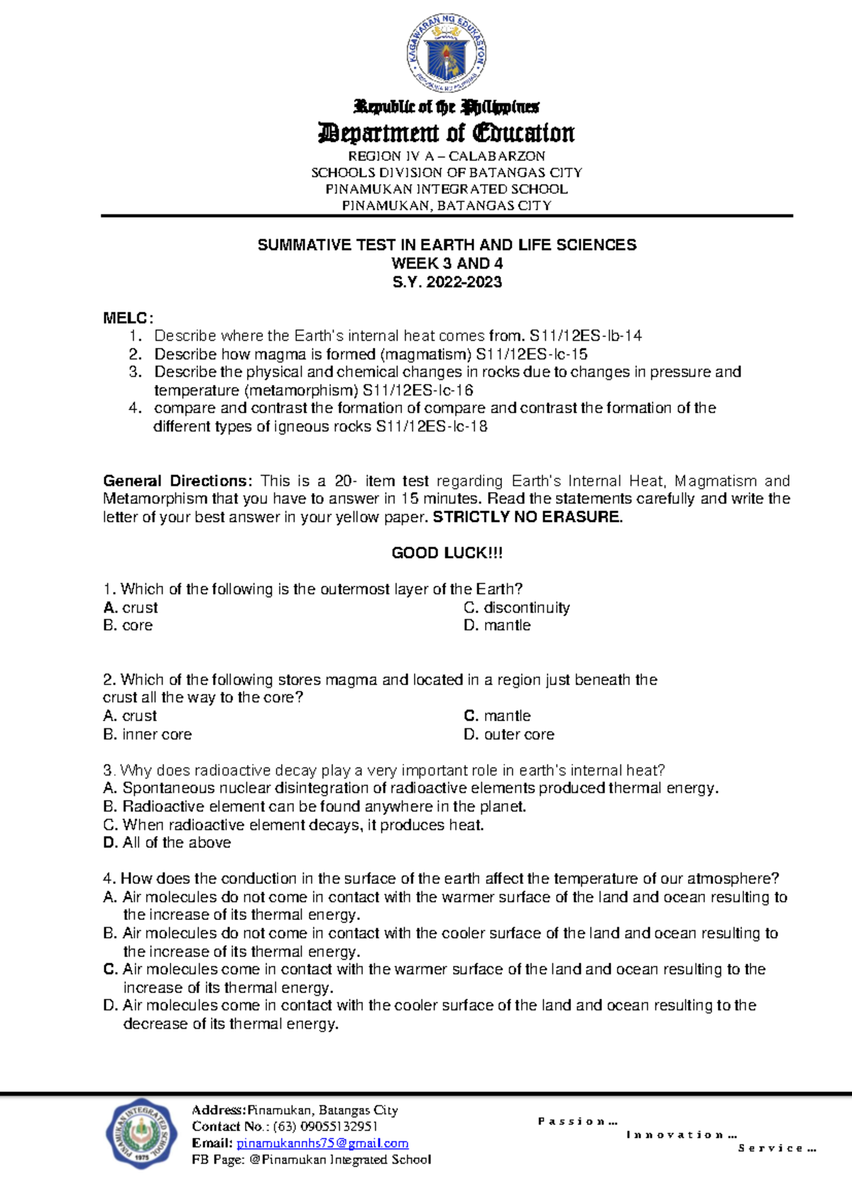 Summative Test S11/12ES: Earth and Life Sciences (Weeks 3 & 4) - Studocu