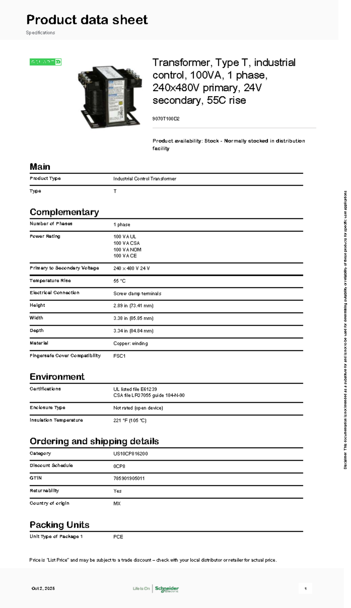 Schneider Electric Control Transformer Data Sheet 9070T100D2 - Studocu