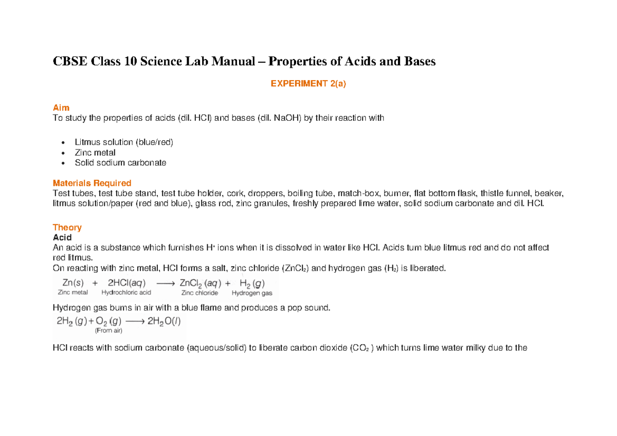 CBSE Class 10 Science Lab Manual: Acids & Bases Experiments - Studocu