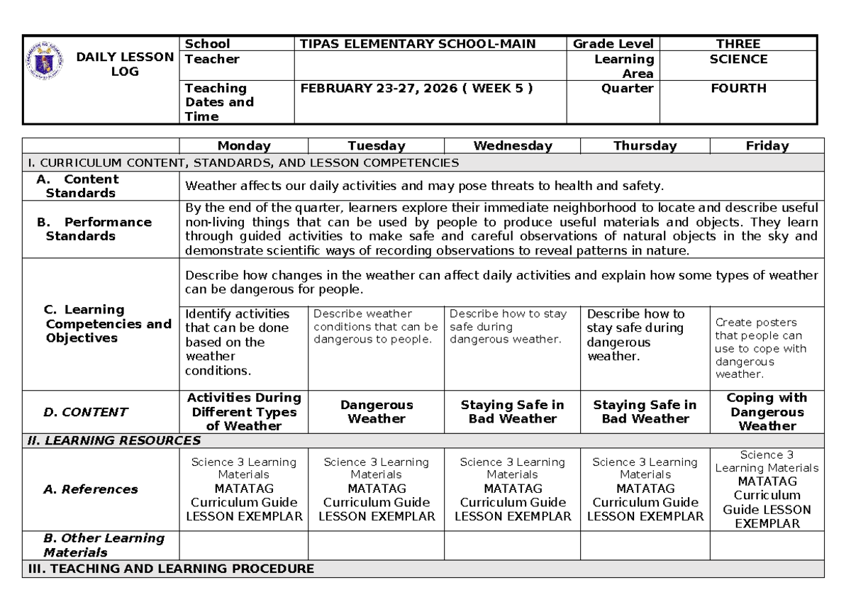 Science Daily Lesson Log - Week 5, Quarter 4 - Weather Safety - Studocu