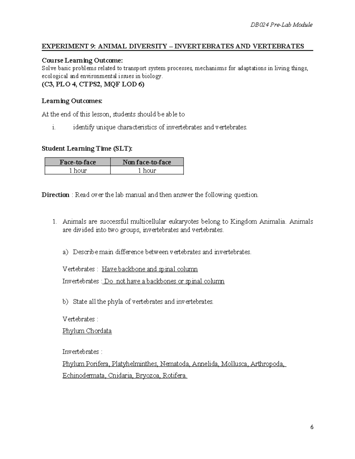 PRE LAB EXP3 Animal Diversity Q - EXPERIMENT 9: ANIMAL DIVERSITY ...