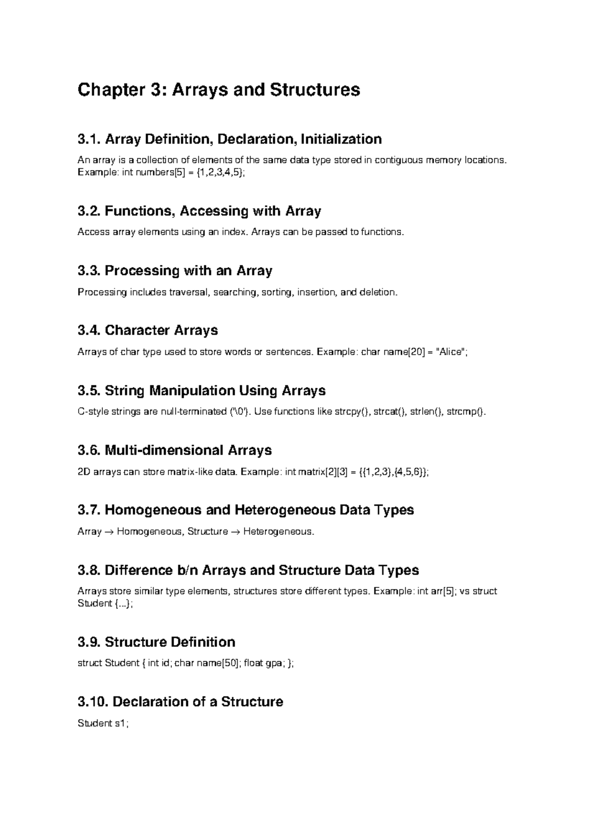Chapter 3: Arrays and Structures - Definitions and Functions - Studocu