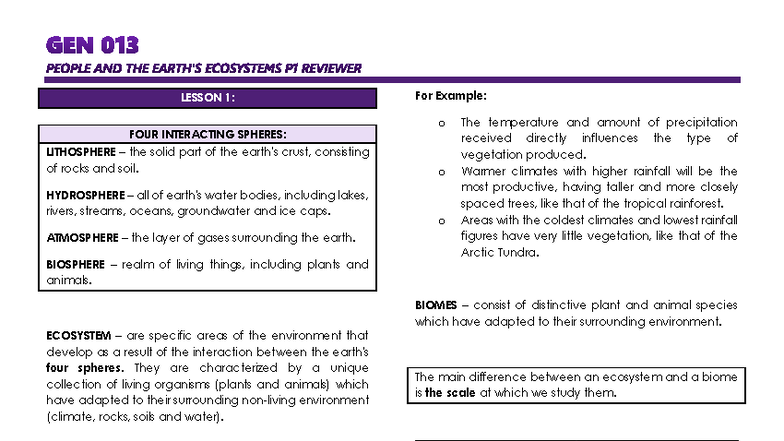 GEN 013 PEOPLE AND THE ECOSYSTEMS P1 REVIEWER: Key Concepts and Lessons ...