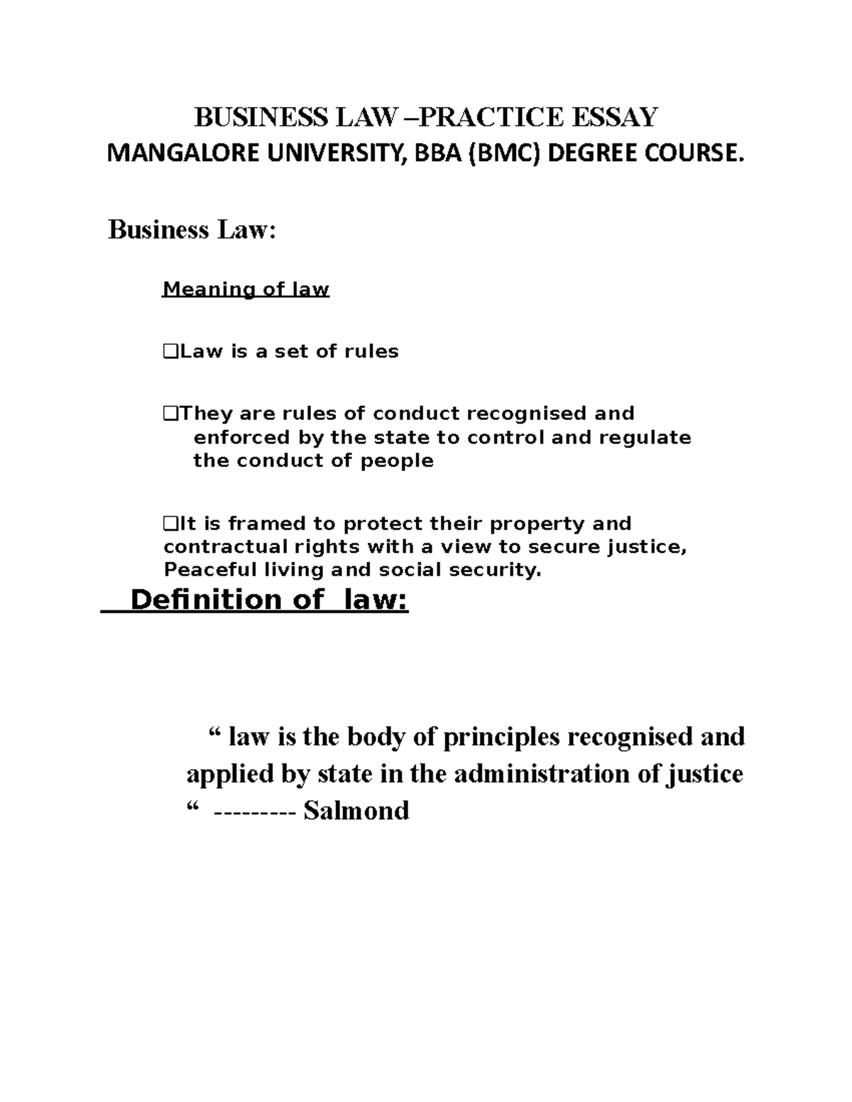 Business Law - BBA (BMC) Exam Practice Essay with Key Concepts ...