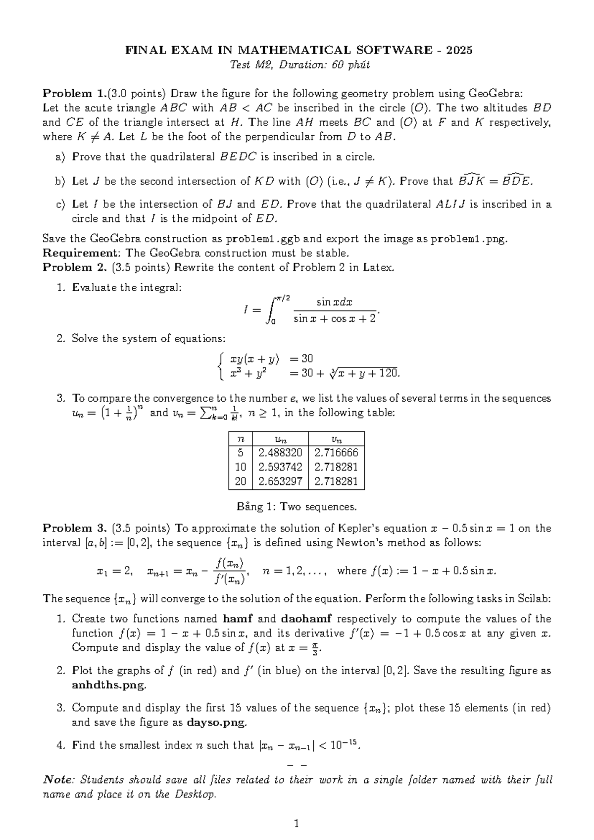 FINAL EXAM IN MATH SOFTWARE 25 M2: Geometry & Integration Problems ...