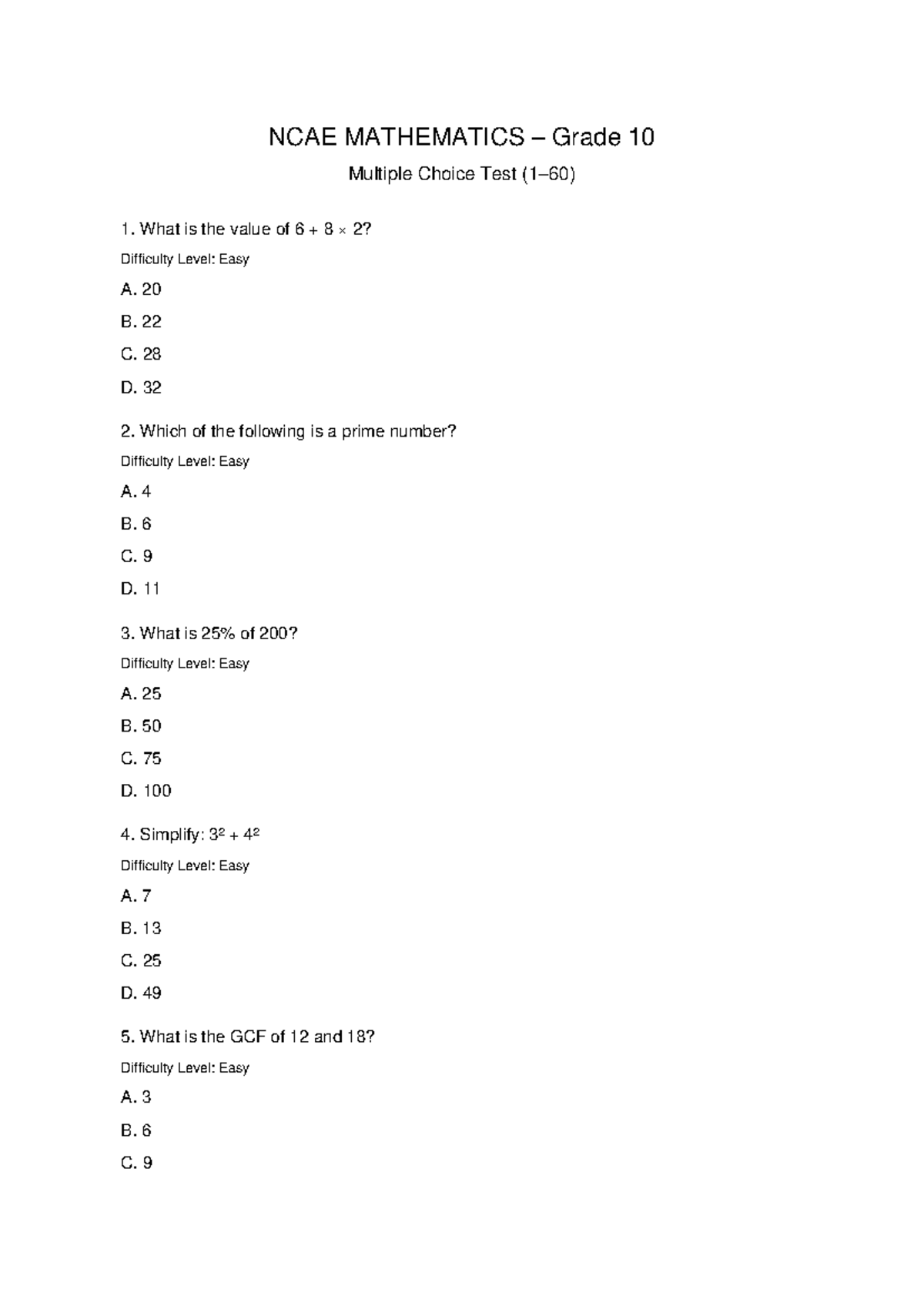 NCAE MATHEMATICS Grade 10 MCQ Practice Test - Studocu