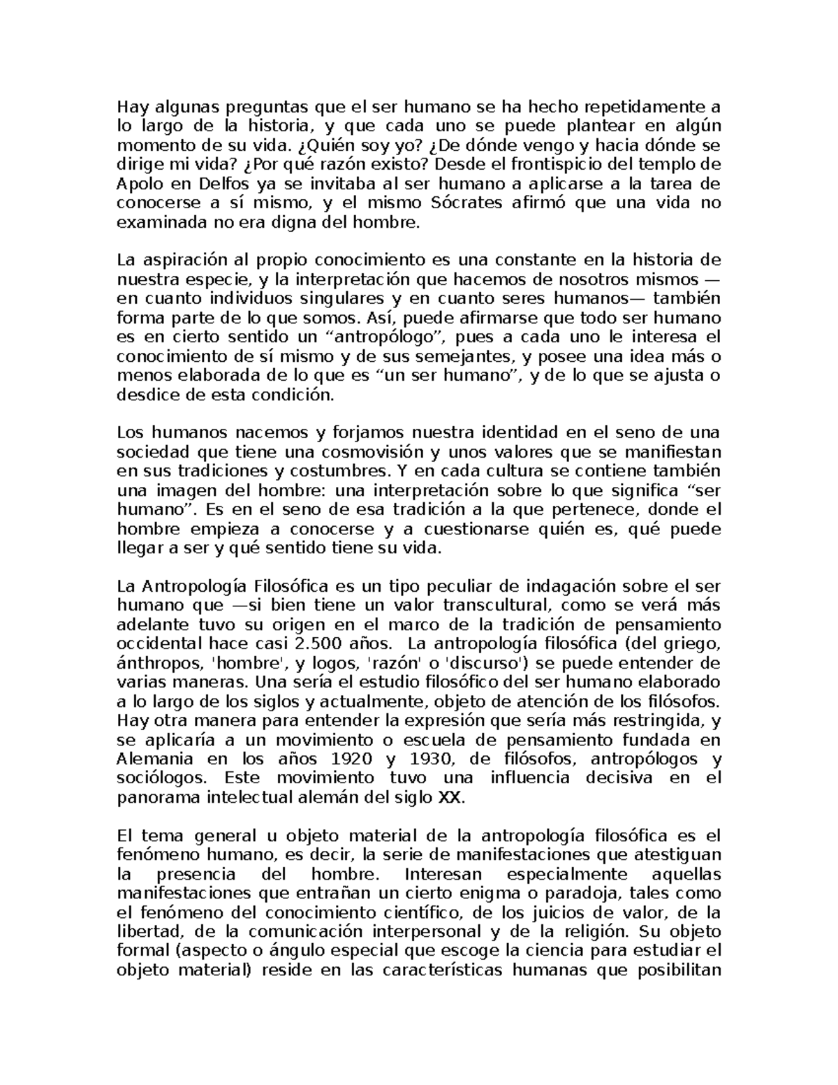 Antropología Filosófica: Reflexiones sobre la Identidad Humana - Studocu