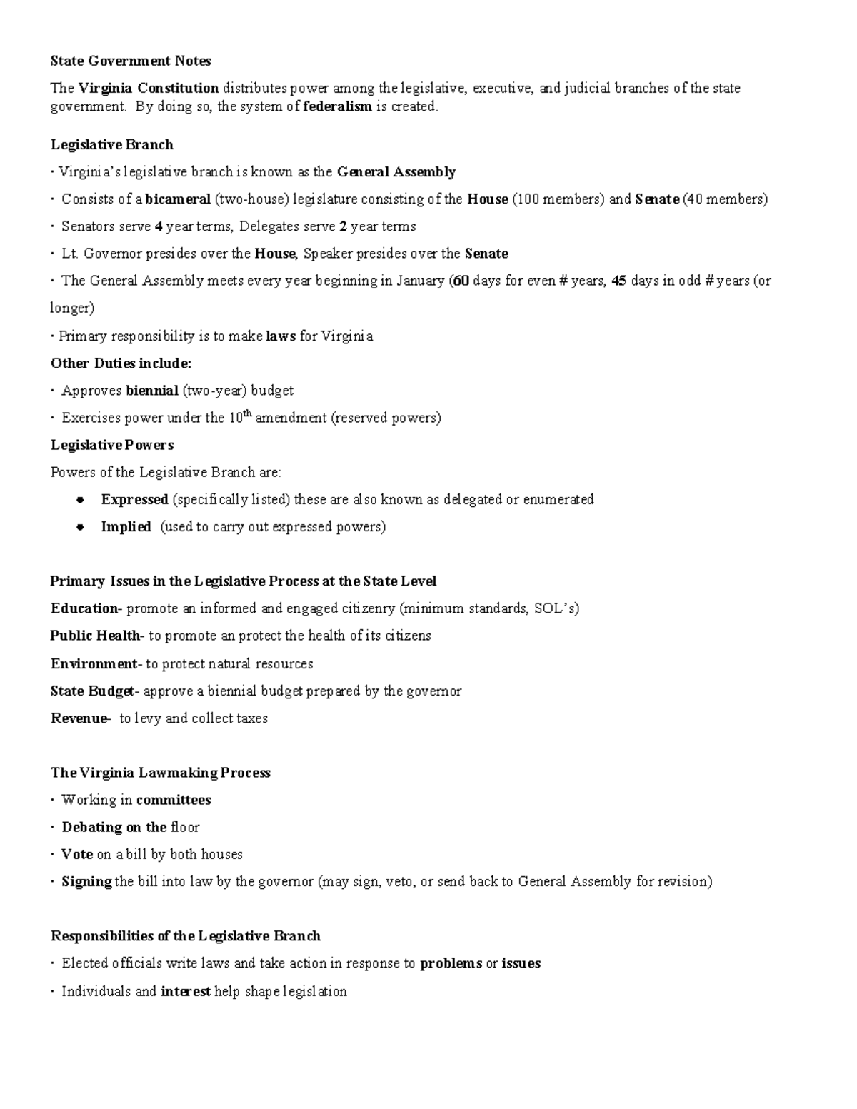 Virginia State Government: Legislative and Executive Branch Overview ...