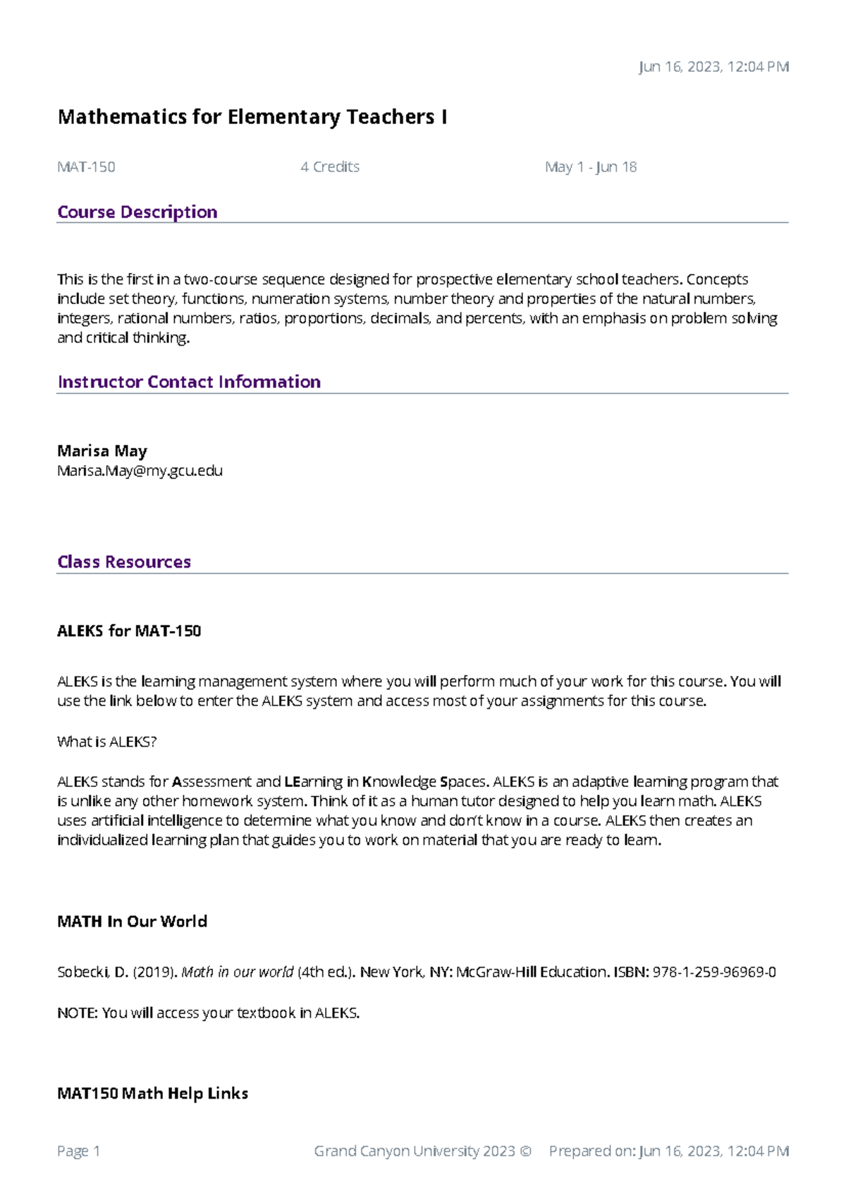 Syllabus for MAT-150: Mathematics for Elementary Teachers I (2023 ...