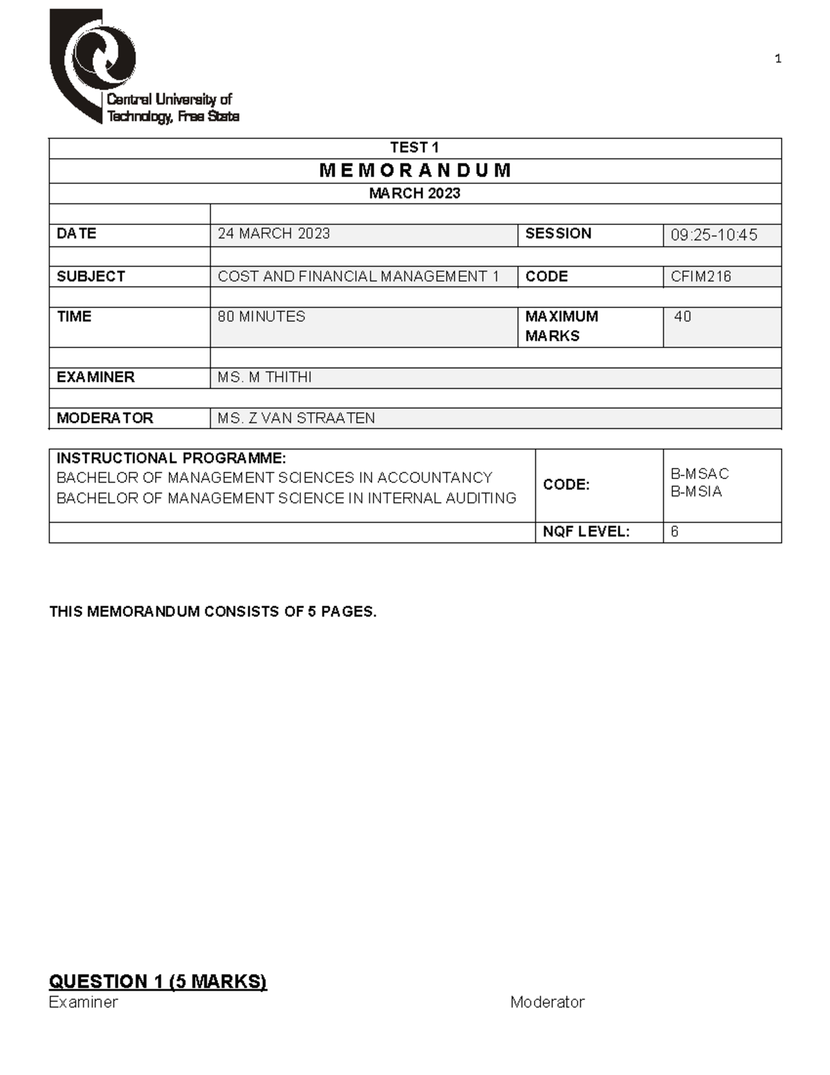 CFIM216 - Cost and Financial Management Test 1 Memorandum - Studocu