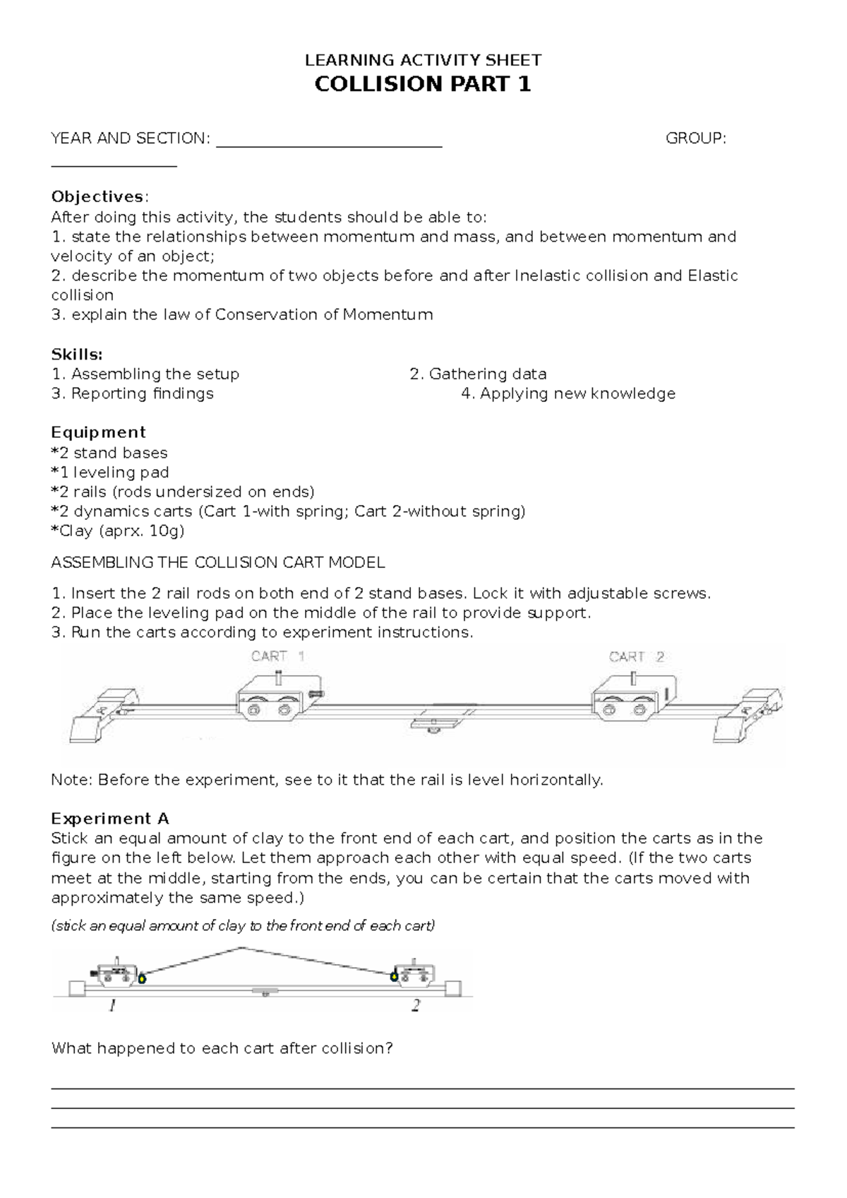 Learning Activity Sheet: Collision Concepts & Experiments (Part 1 ...