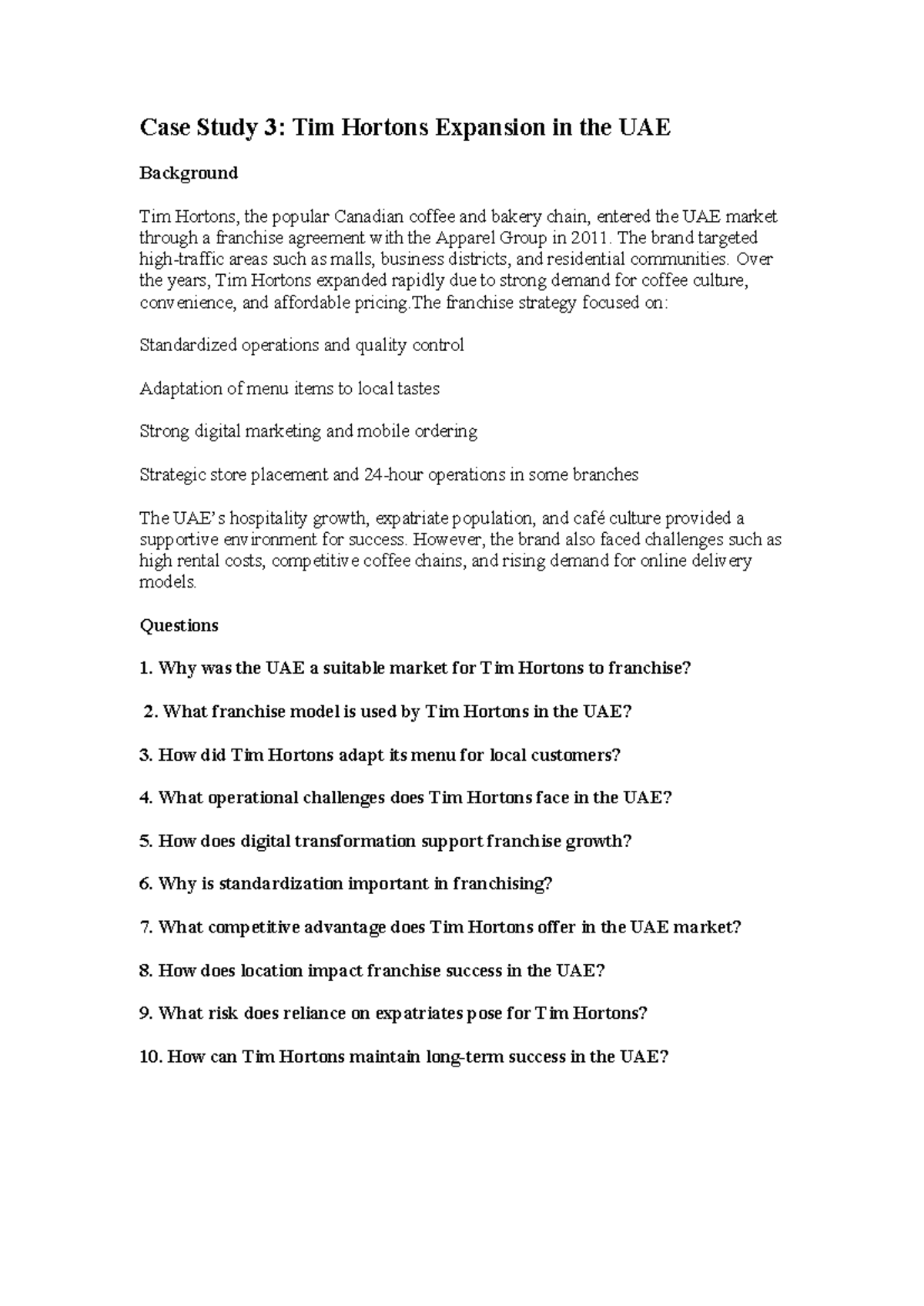 Case Study 3: Tim Hortons UAE Expansion Analysis - Studocu