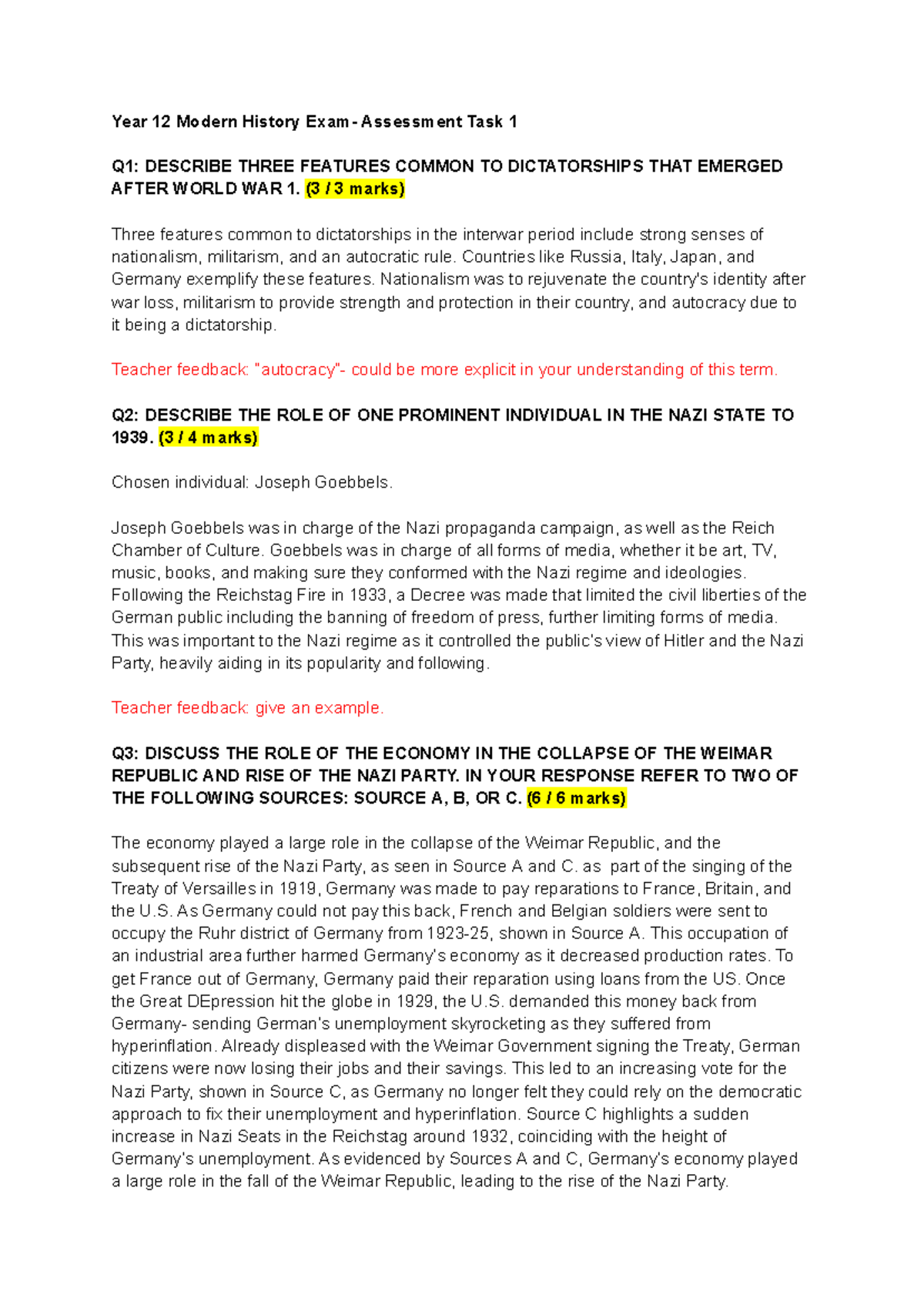 Year 12 Modern History Assessment Task 1: Dictatorships & Nazi Power ...