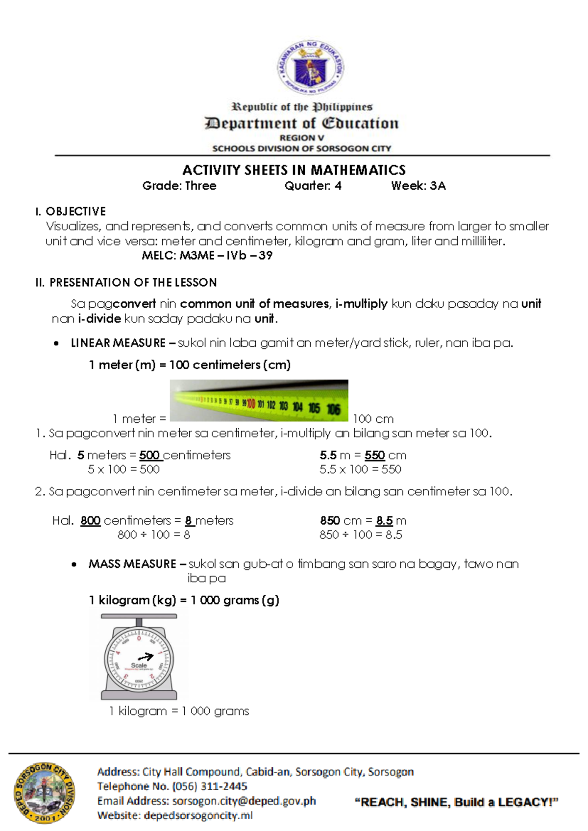 Q4 Math 3 LAS - Activity Sheets on Measurement and Data - Studocu