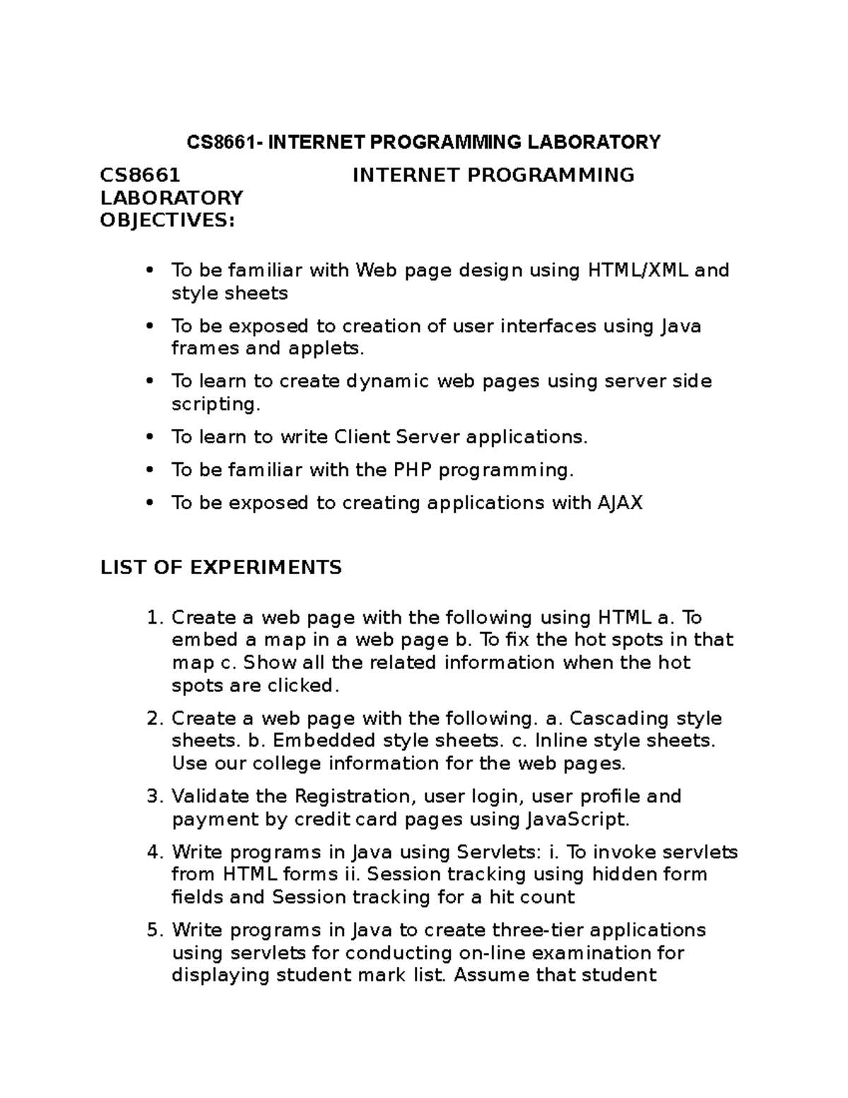 CS8661 Internet Programming Lab Syllabus and Experiment List - Studocu