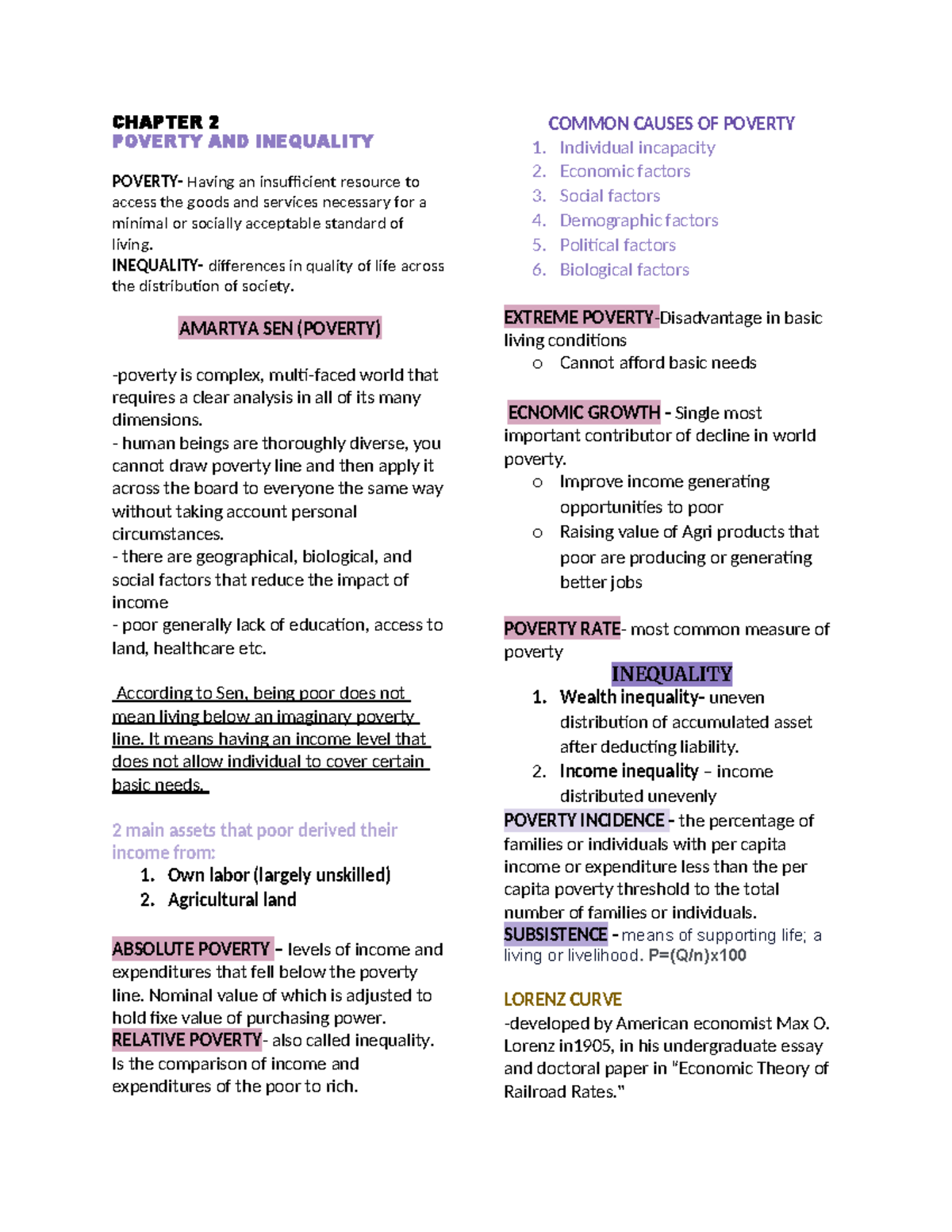 Economic development 2 and 3 final exam notes on poverty and inequality ...
