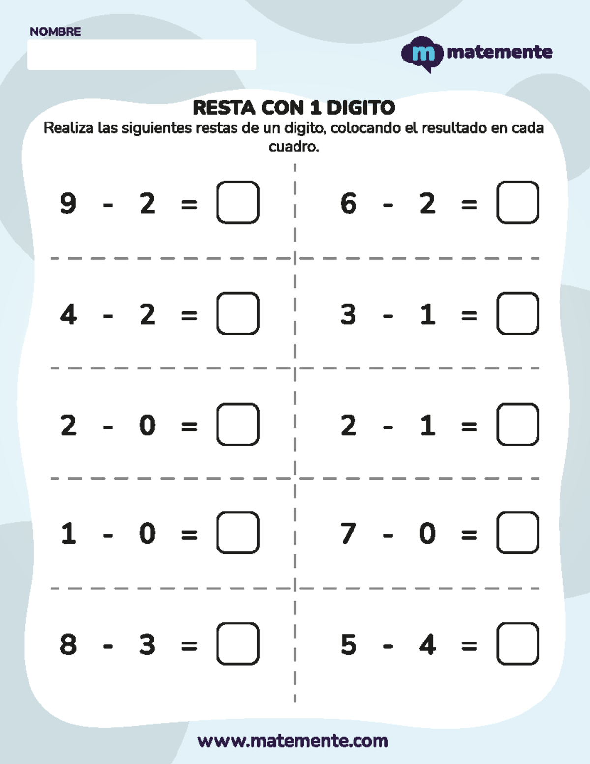 Actividades de restas para primer grado un digito - NOMBRE m matemente ...