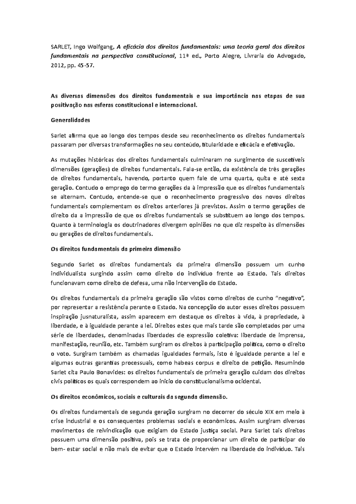 A Eficácia dos Direitos Fundamentais segundo Ingo W. Sarlet - Studocu