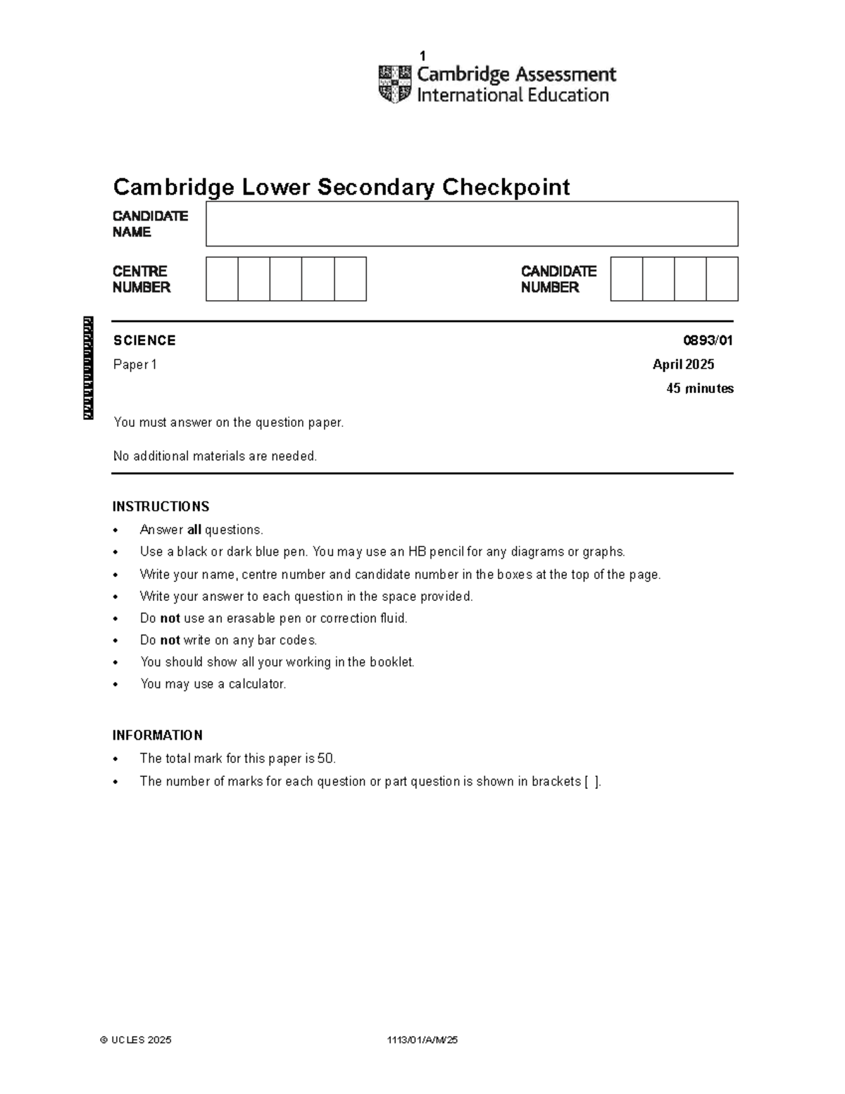 Cambridge Lower Secondary Checkpoint SCIENCE Paper 1 - April 2025 - Studocu
