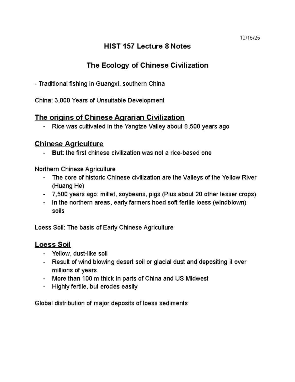 HIST 157 Lecture 8 Notes: Ecology & Development of Chinese Civilization ...