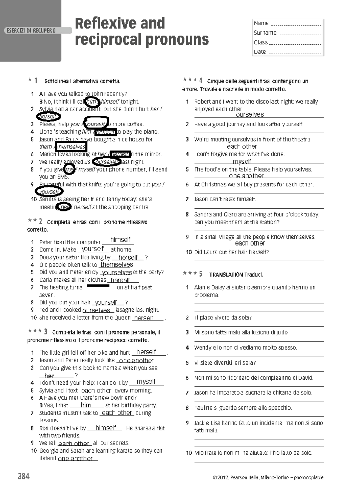 ESERCIZI DI RECUPERO: Reflexive & Reciprocal Pronouns Worksheet 3.2 ...