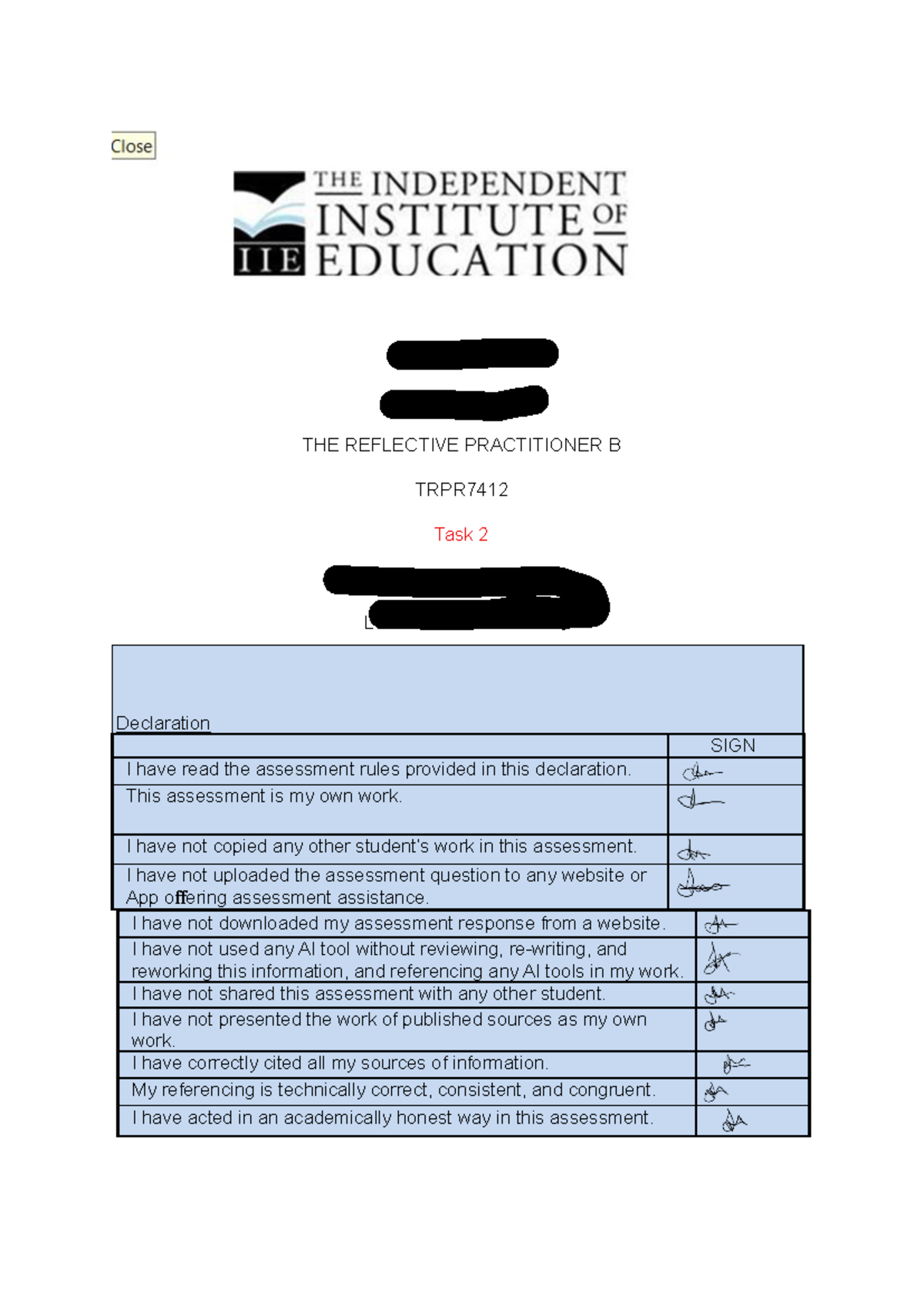 Reflective Practitioner Task 2 - TRPR7412 Analysis and Insights - Studocu