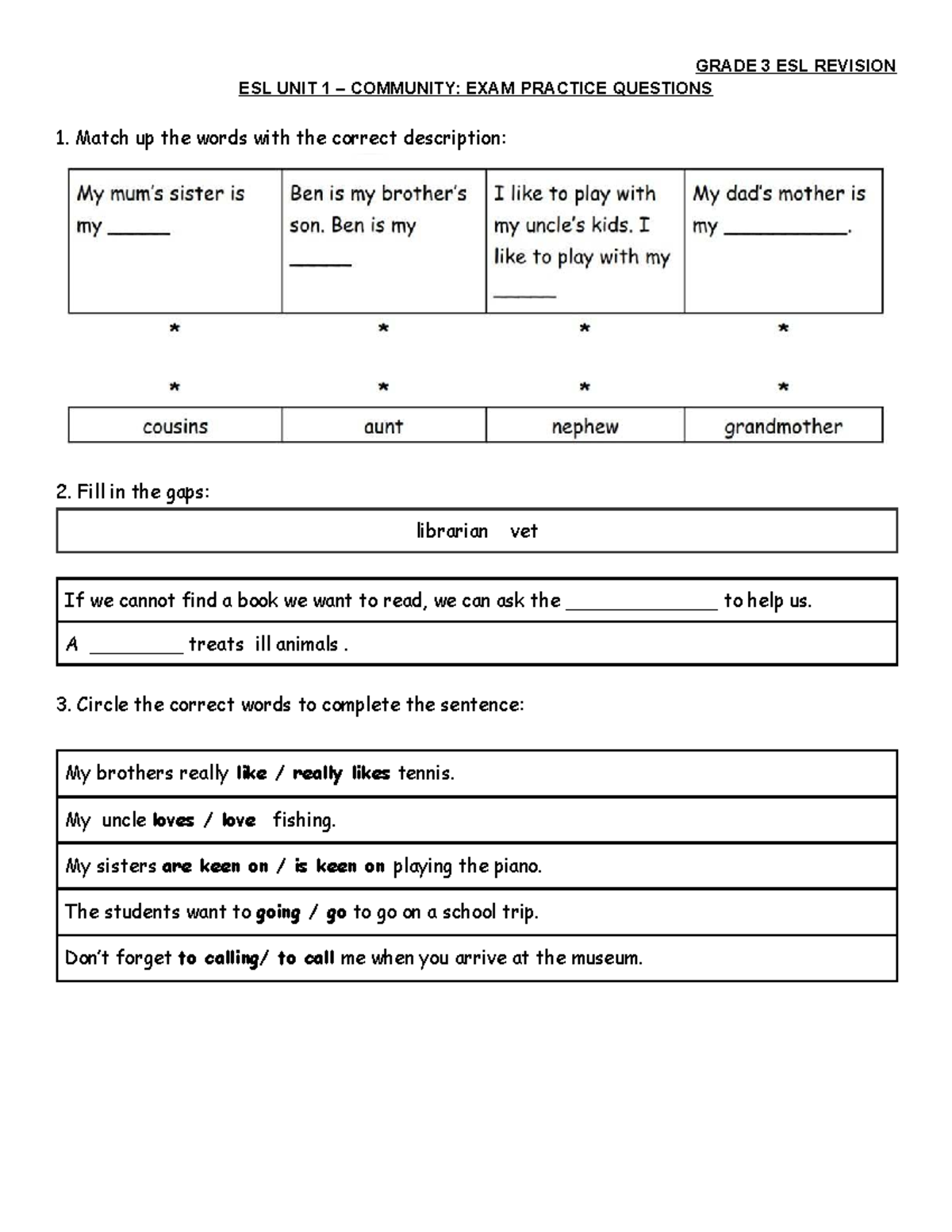ESL Unit 1 exam practice questions - GRADE 3 ESL REVISION ESL UNIT 1 ...
