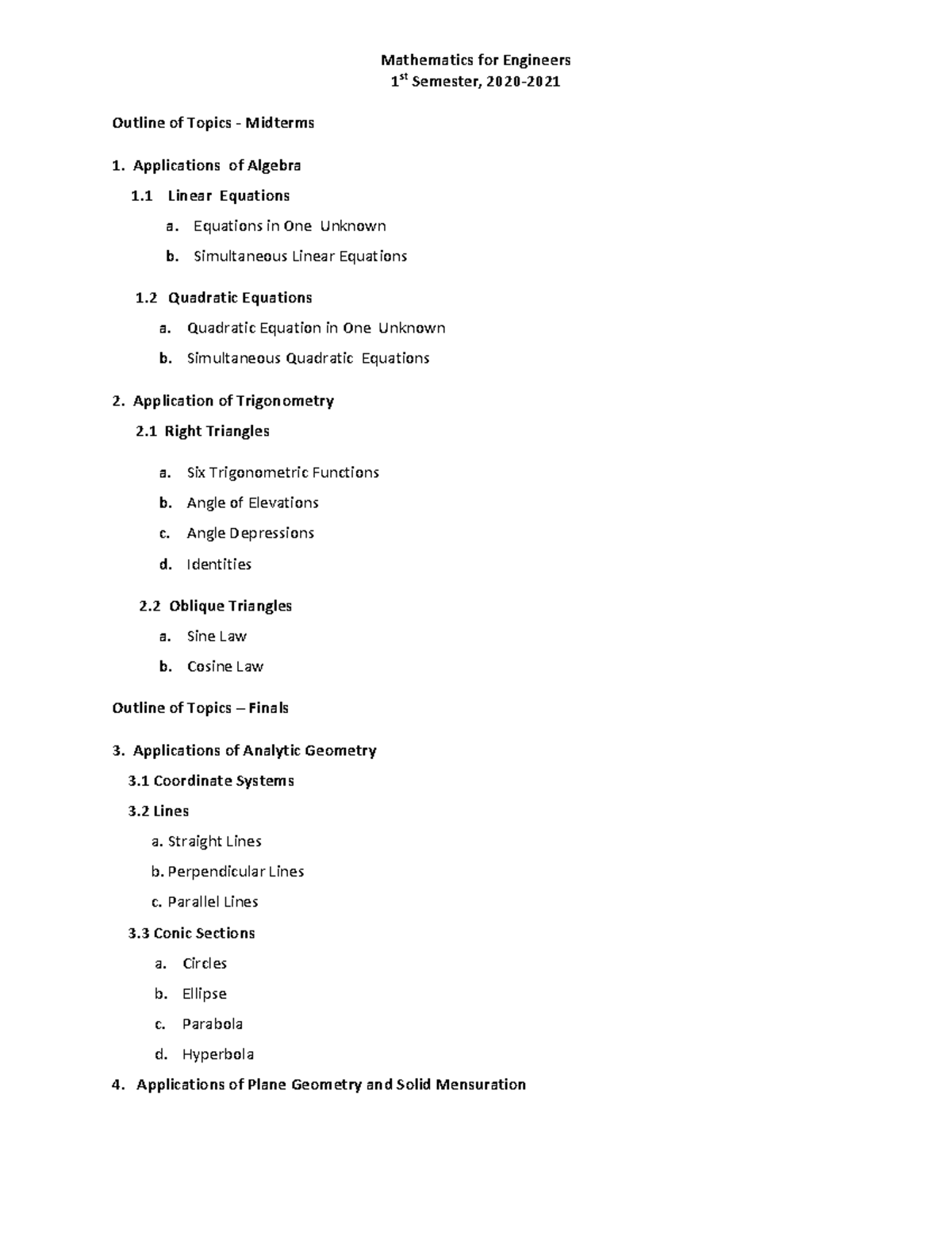 Mathematics for Engineers-Outline of Topics - Math for Engineers ...