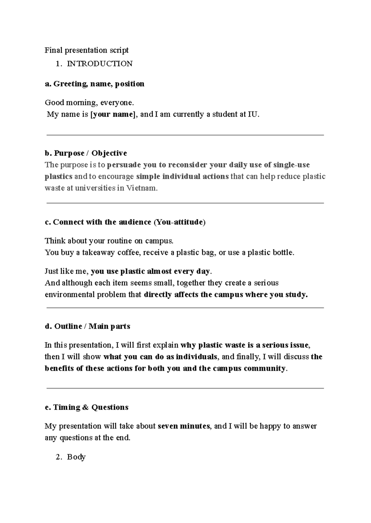 Final Presentation Script: Reducing Plastic Waste at IU - Studocu
