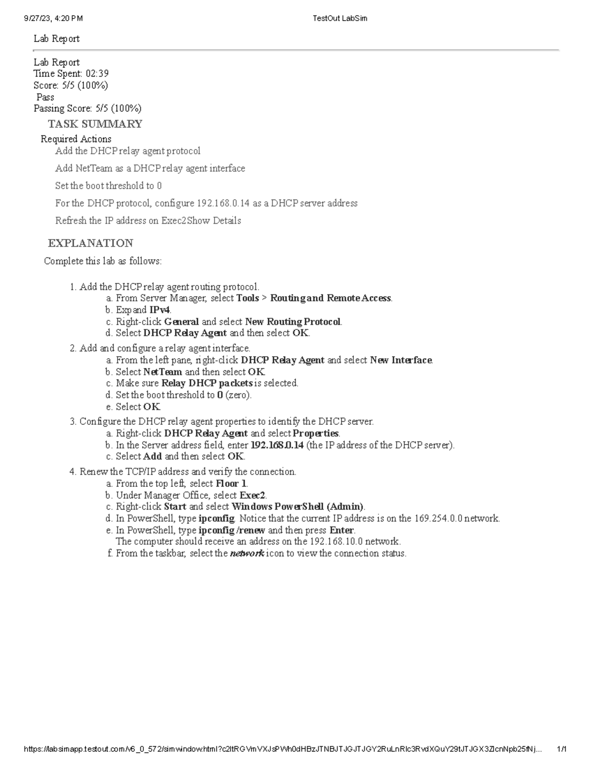4.4.4 DHCP Relay Agent Configuration Lab Report and Summary - Studocu