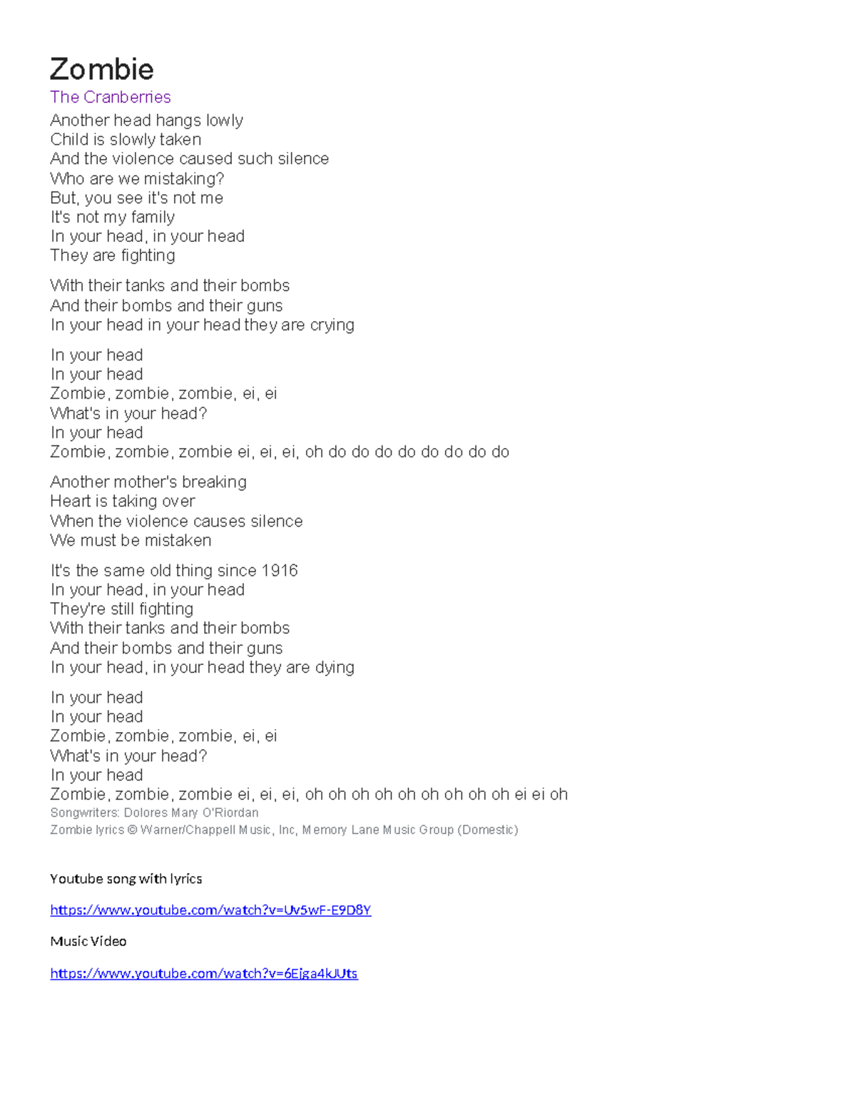 Zombie Lyrics - Zombie The Cranberries Another head hangs lowly Child ...