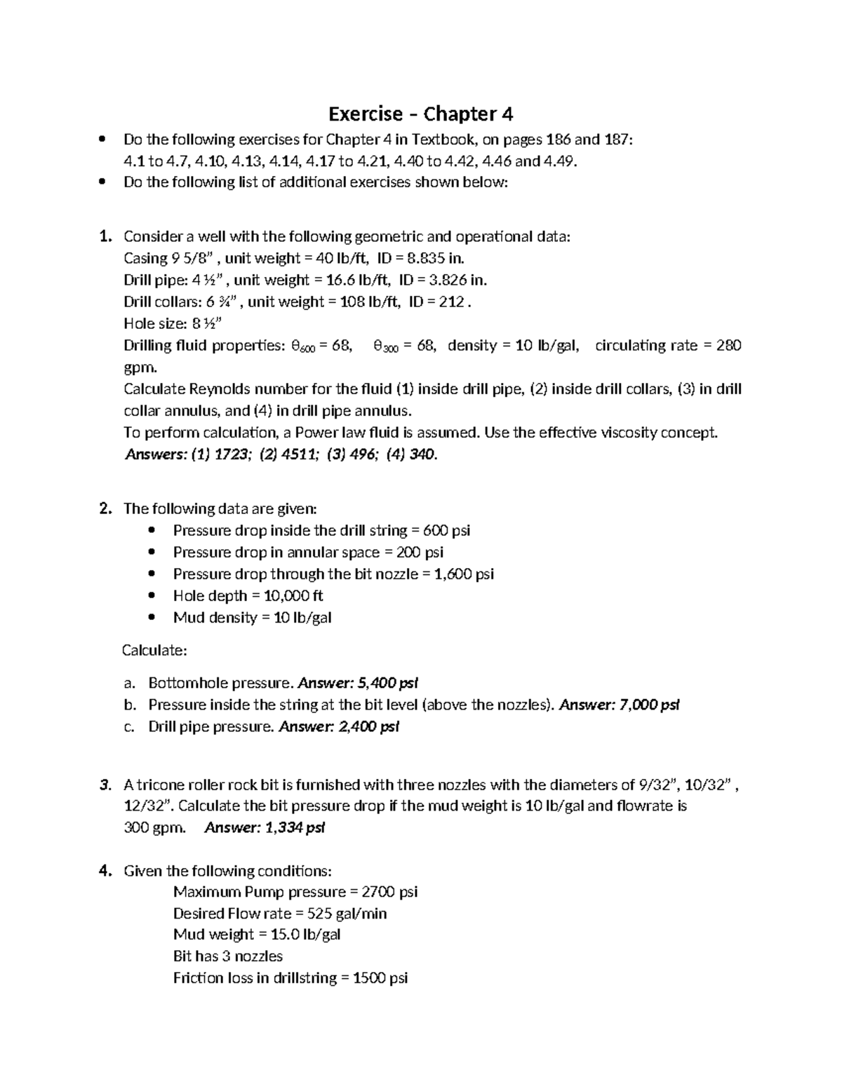 Exercises - Drilling Hydraulics Chapter 4 (ENGR 301) - Studocu