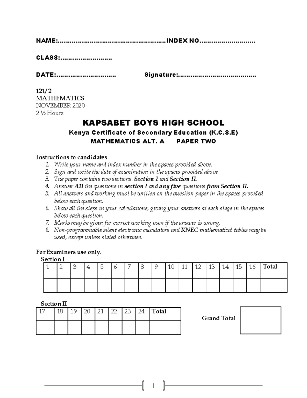 K.C.S.E MATHEMATICS ALT. A PAPER TWO - NOV 2020 EXAMINATION - Studocu