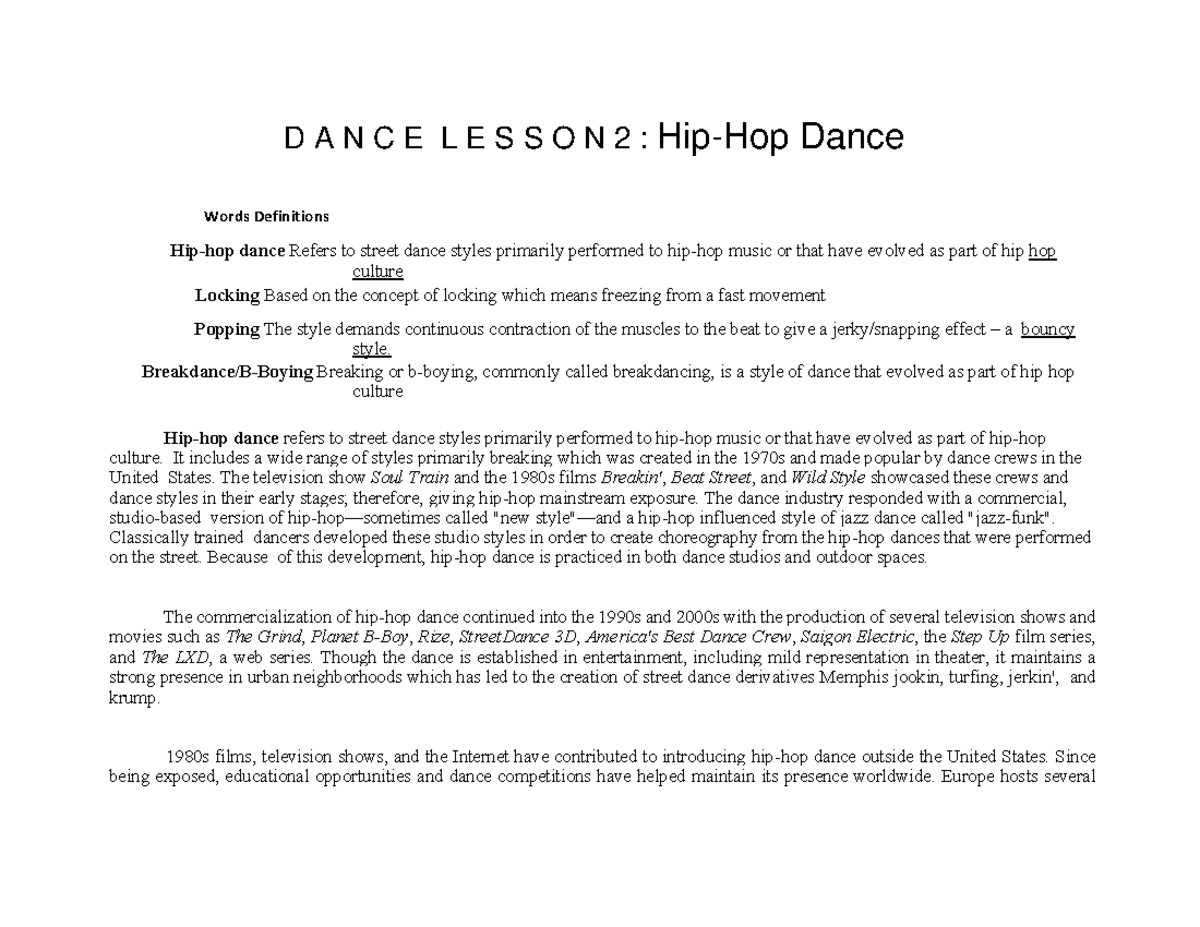Lesson 2: Exploring Hip-Hop Dance Styles and History - Studocu