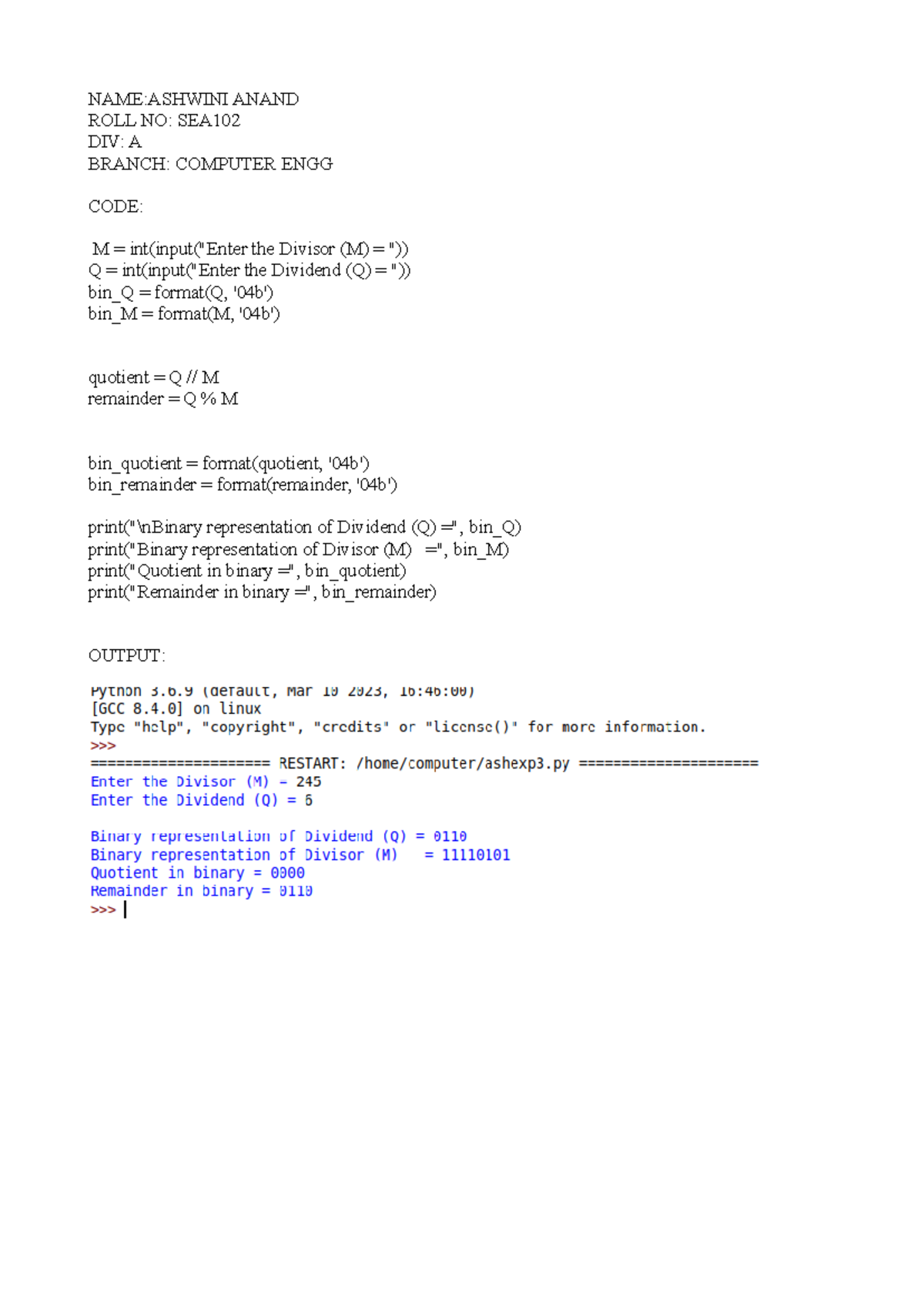 Ashexp 3 - nngcg - NAME:ASHWINI ANAND ROLL NO: SEA DIV: A BRANCH ...