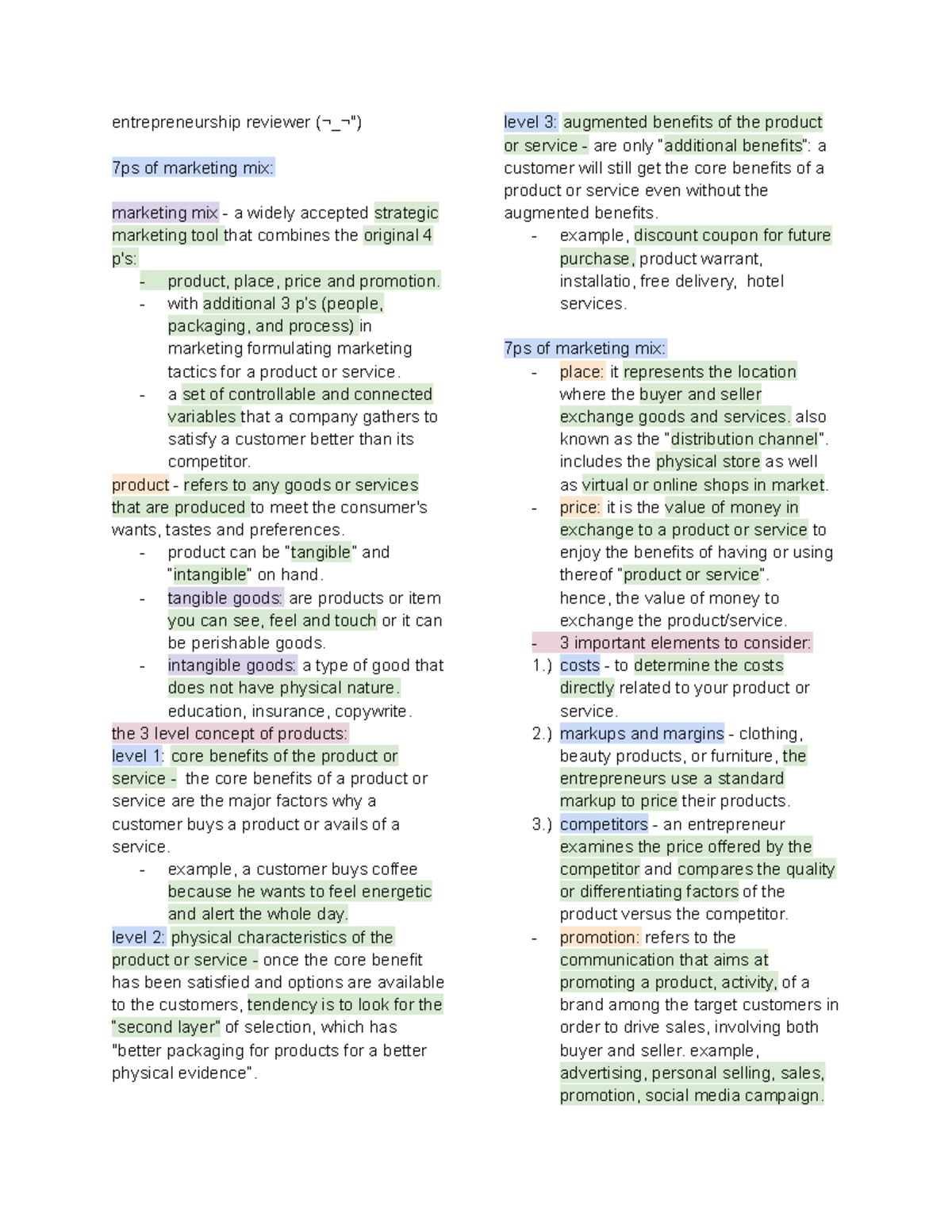 Entrep- Reviewer: 7Ps of Marketing Mix Explained - Studocu