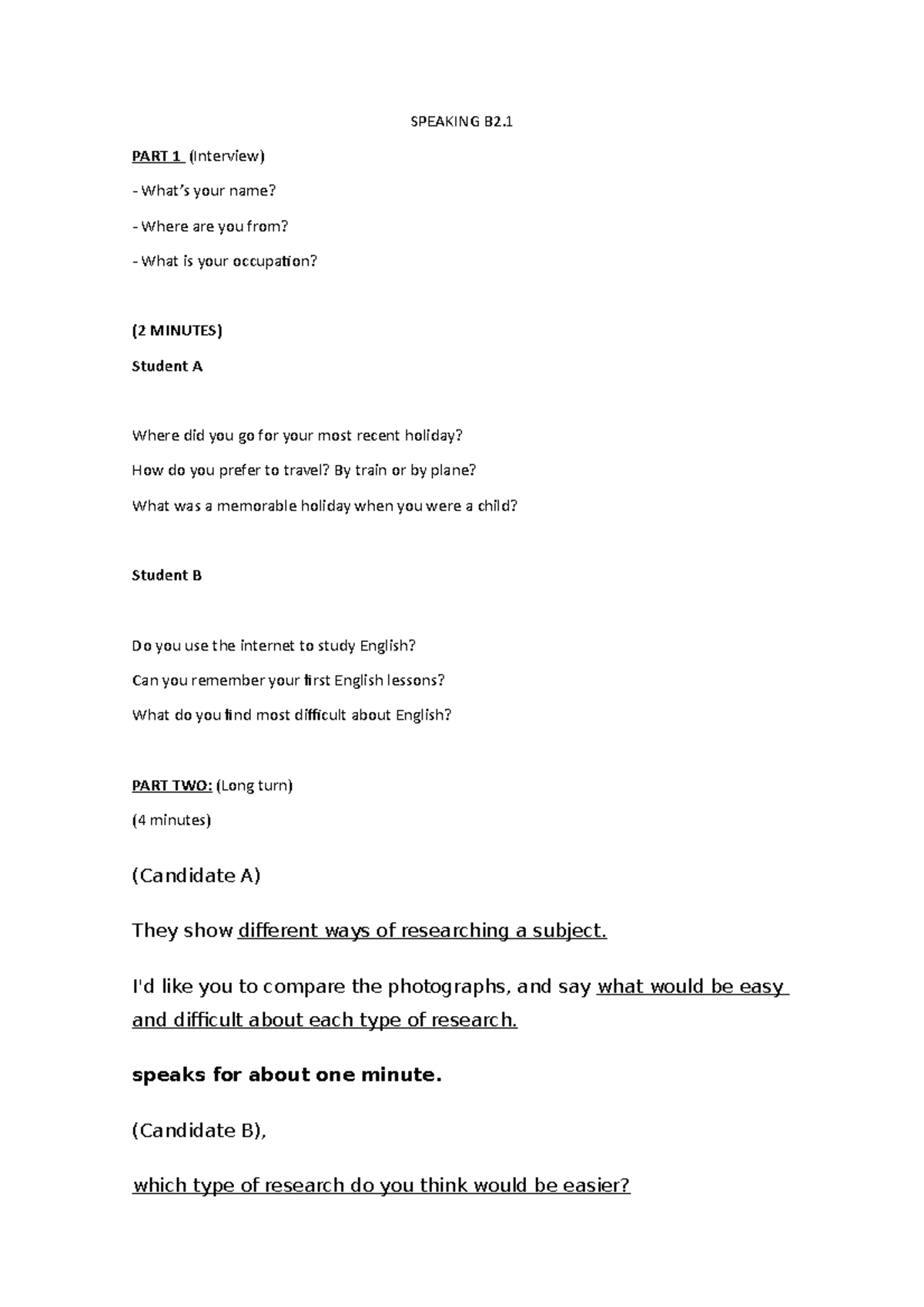 Speaking B2 - Practice for First Exam - SPEAKING B2. PART 1 (Interview ...