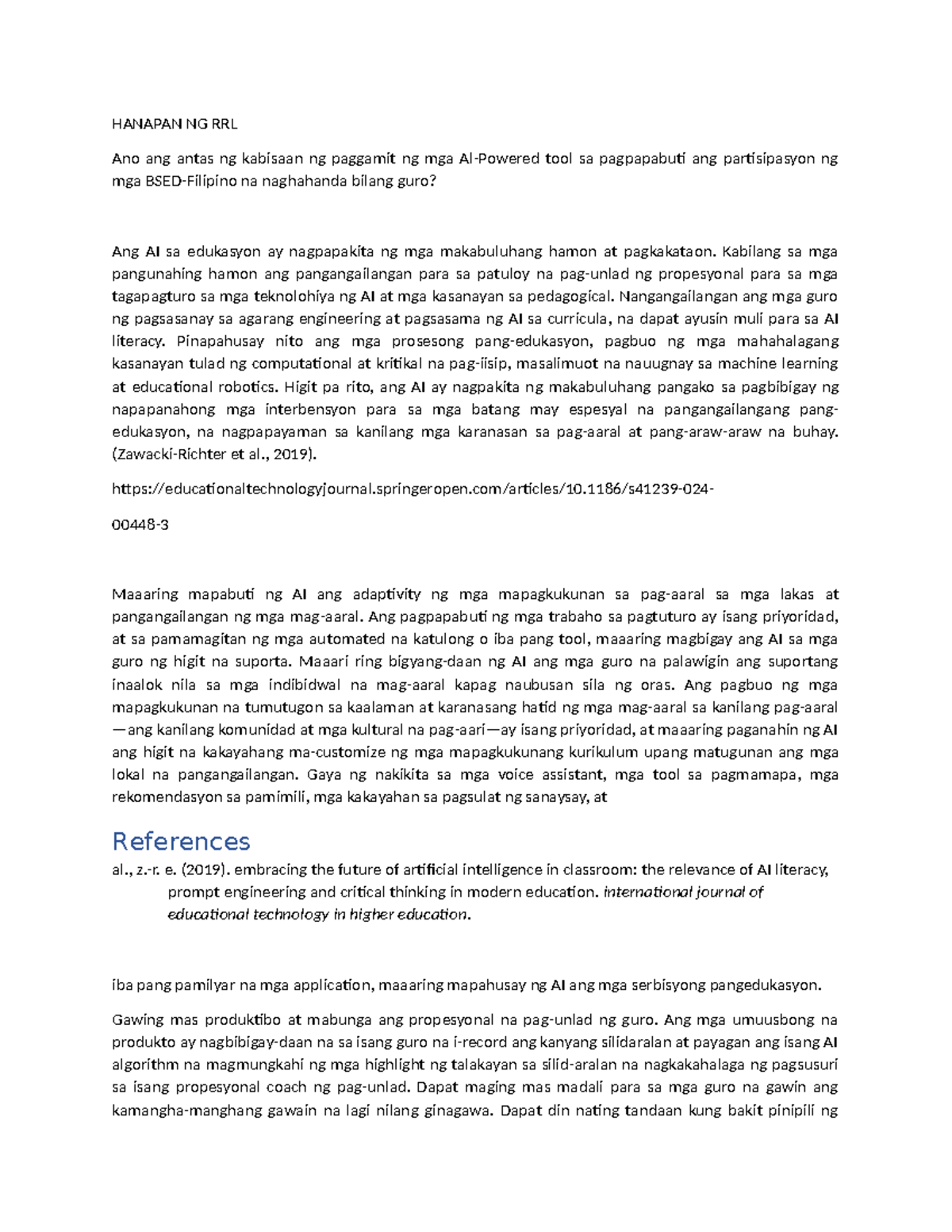 RRL sa AI-Powered Tools at BSED-Filipino: Epekto sa Partisipasyon - Studocu