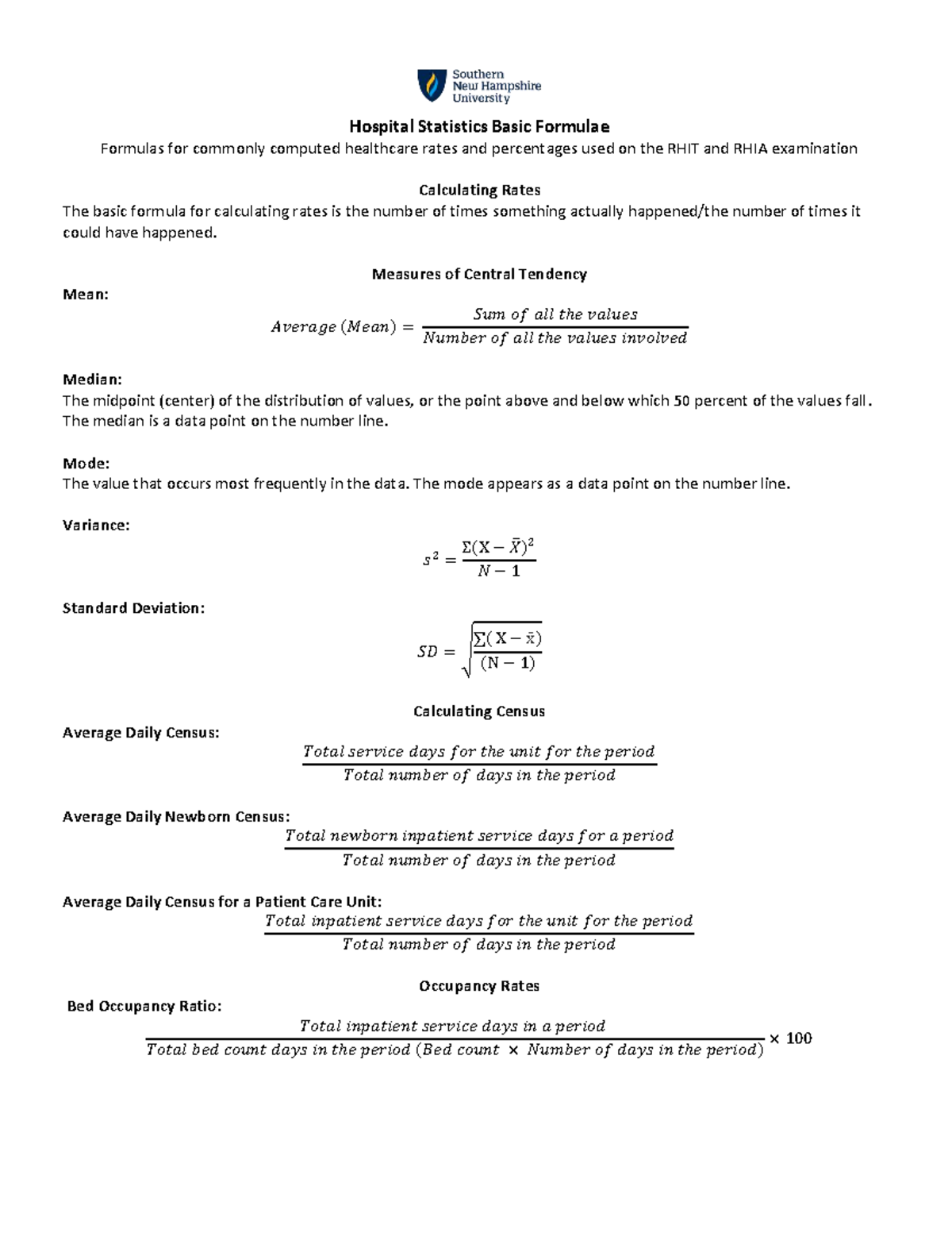 Hospital Statistics: Key Formulas for RHIT/RHIA Exams - Studocu