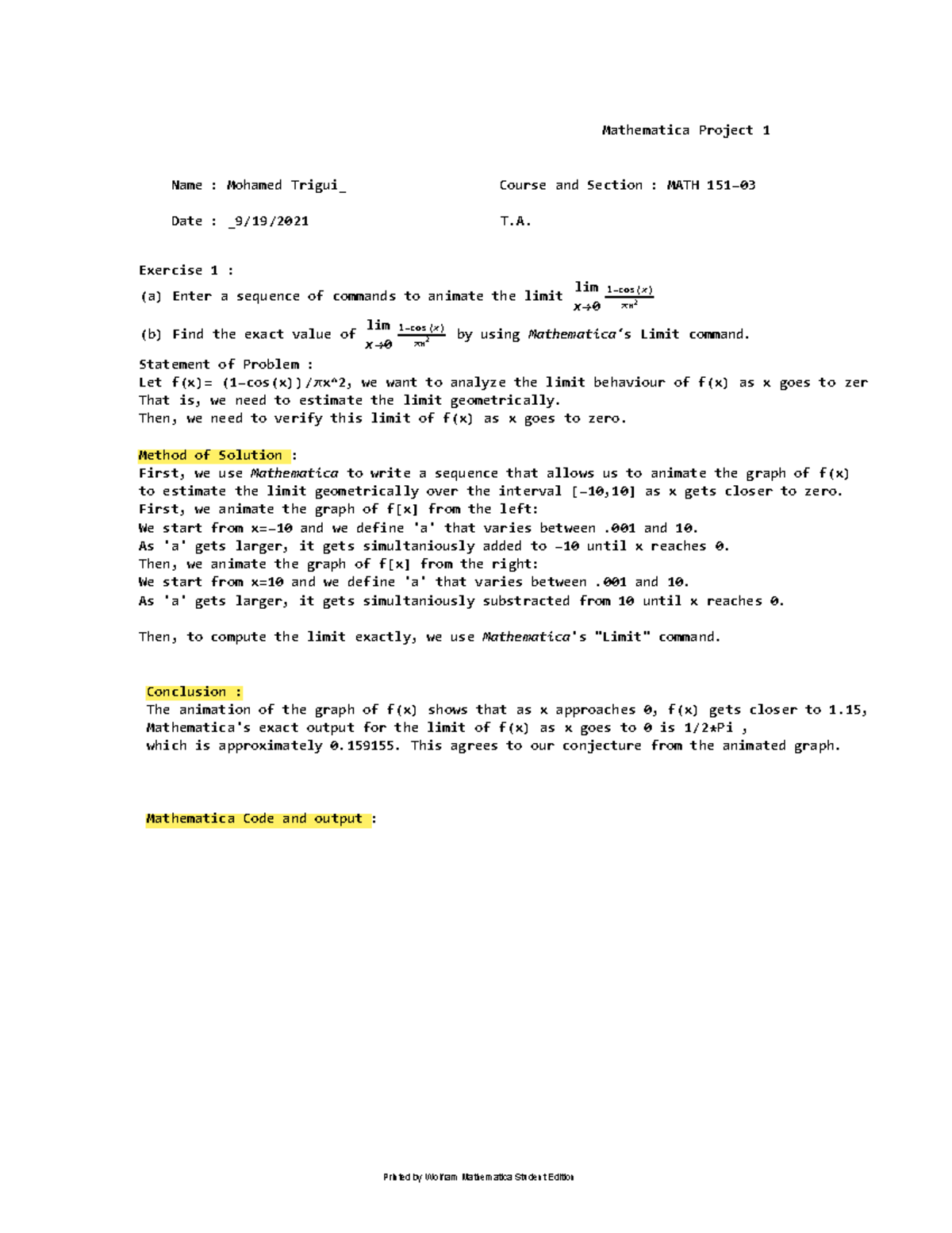MATH 151-03: Mathematica Project 1 - Limit Analysis of Functions - Studocu