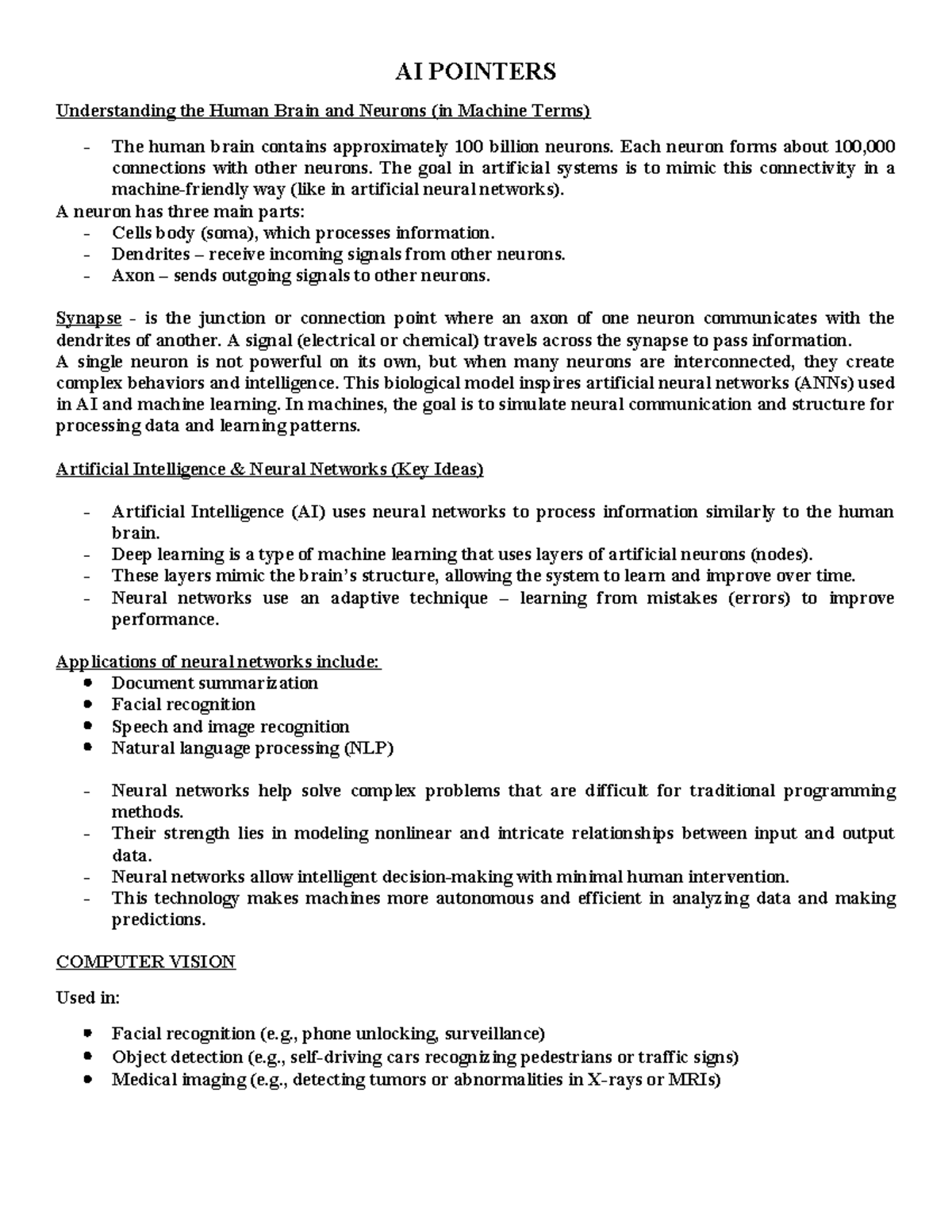 AI Pointers: Understanding Neurons and AI Applications in CS101 - Studocu