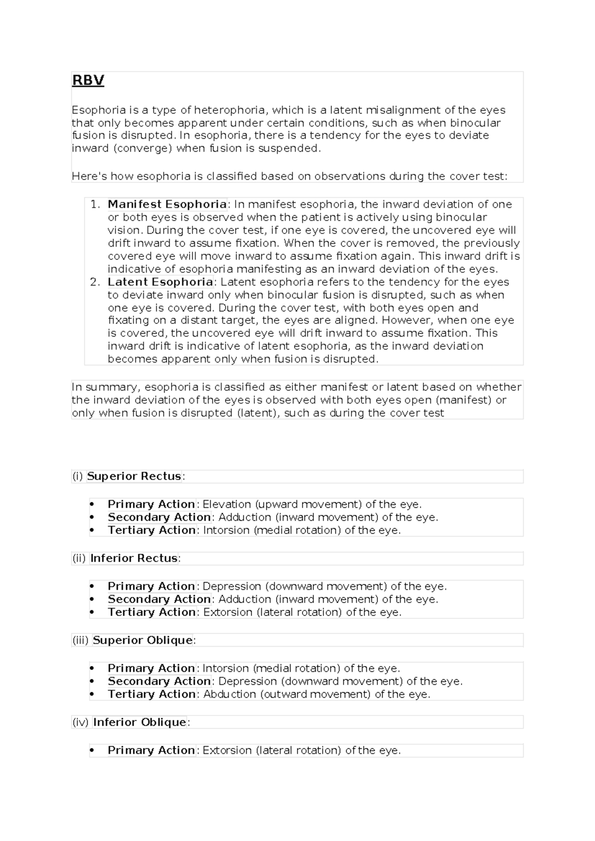 RBV Important Notes on Esophoria and Exophoria Classifications - Studocu